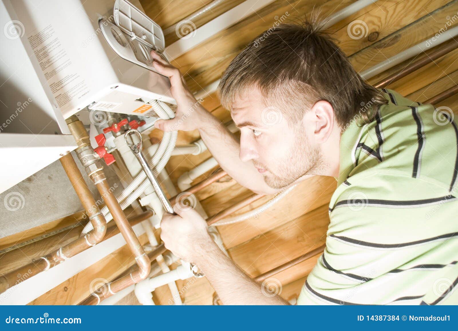 Plumber at work stock photo. Image of home, person, boiler - 14387384