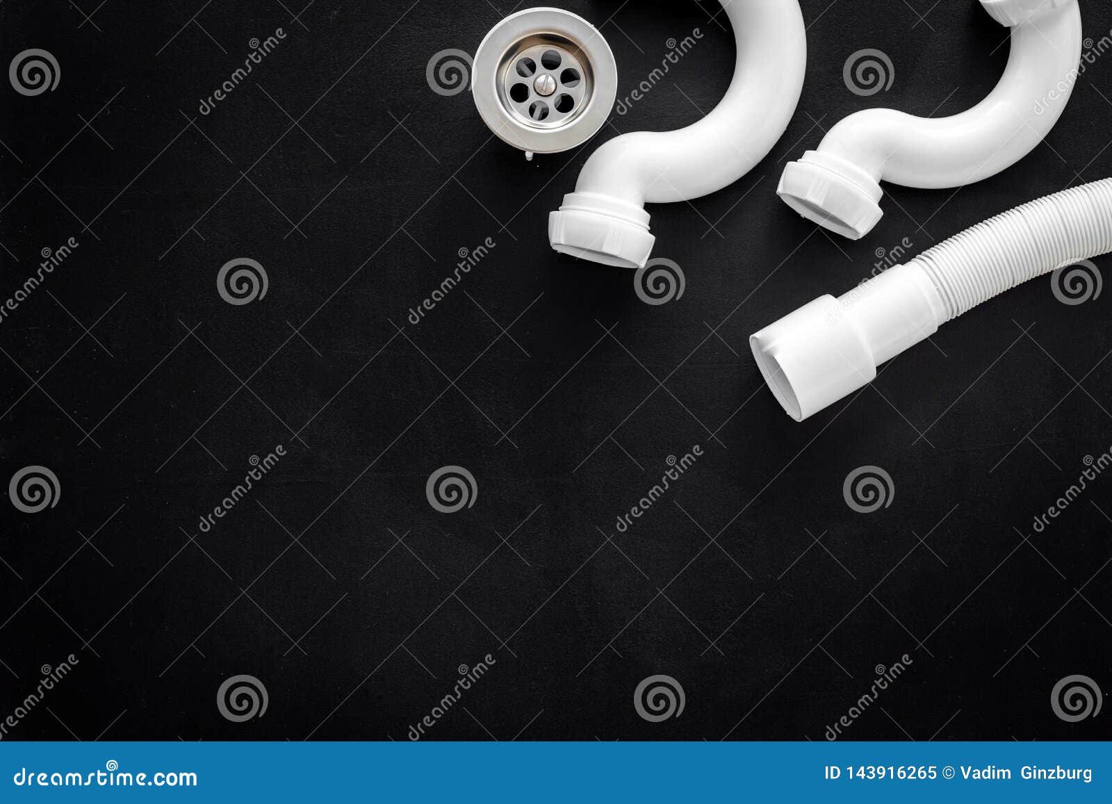 Plumber Work with Instruments, Tools and Gear on Black Background Top ...