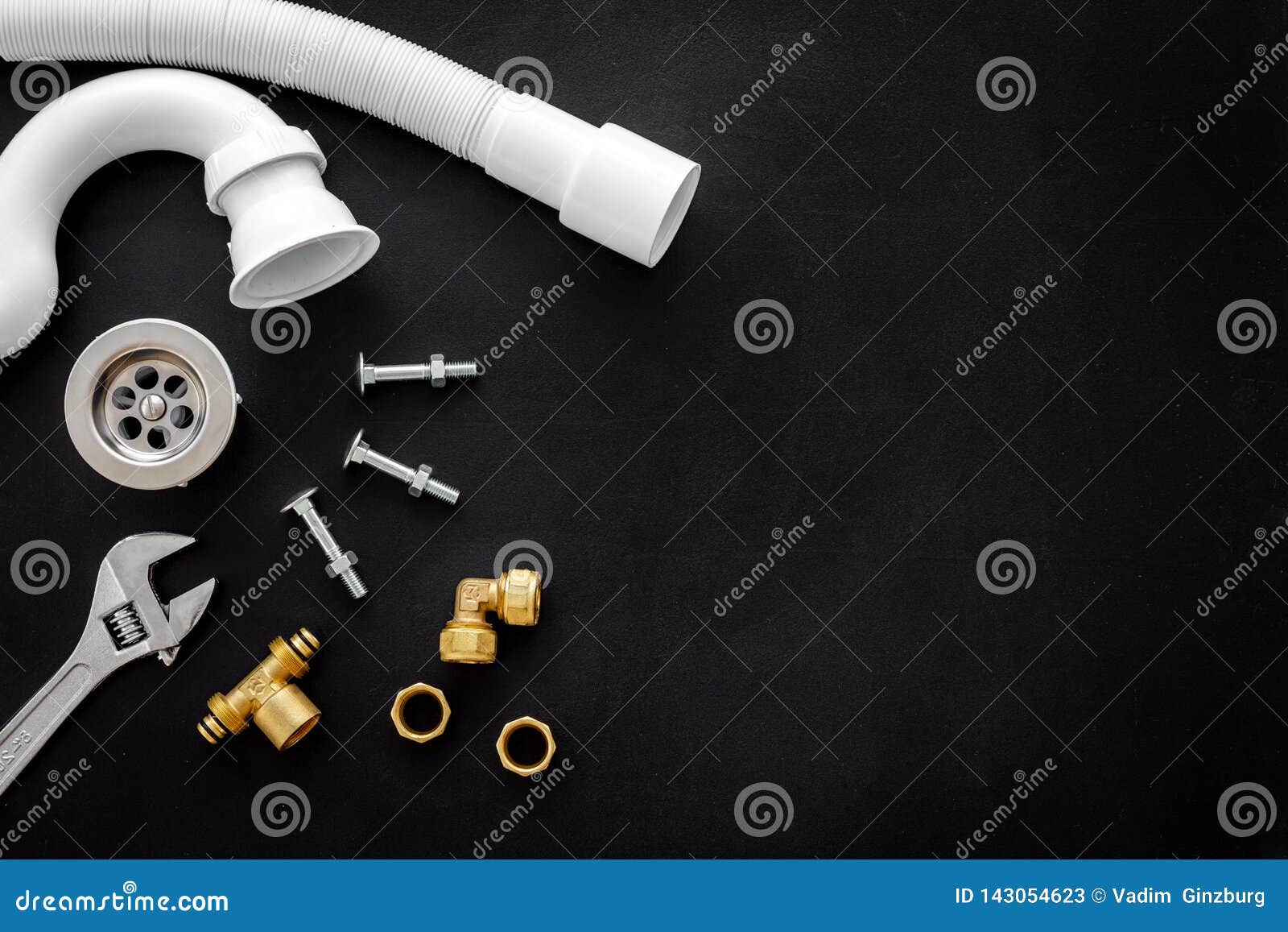 Plumber Work with Instruments, Tools and Gear on Black Background Top ...
