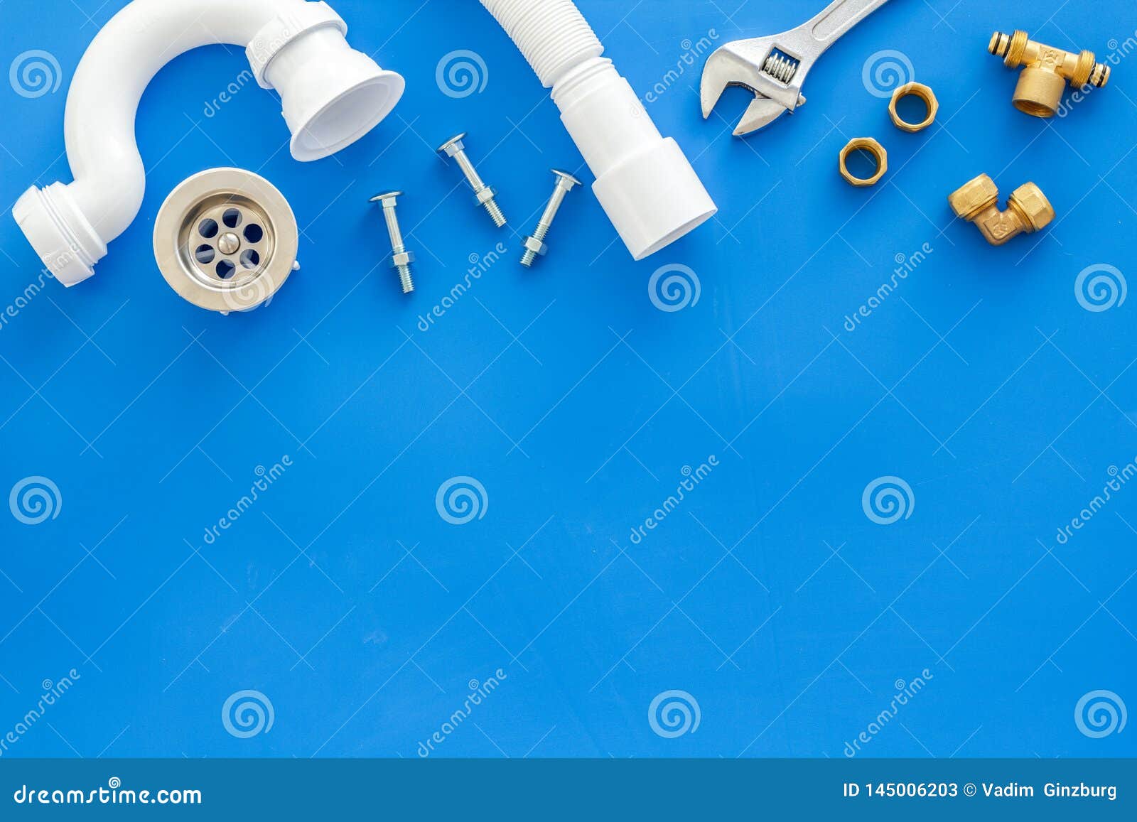 Plumber Work with Instruments, Tools and Gear on Blue Background Top ...