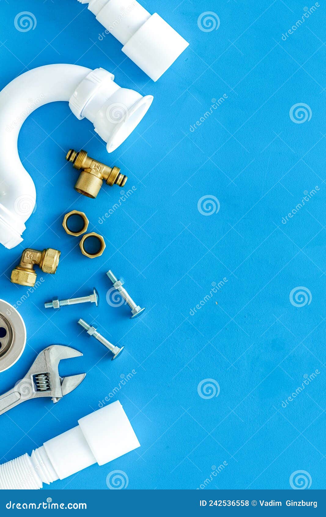 Plumber Work with Instruments, Tools and Gear on Blue Background Top ...