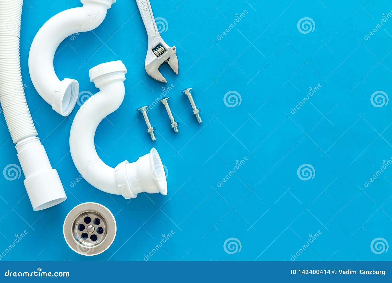 Plumber Work with Instruments, Tools and Gear on Blue Background Top ...