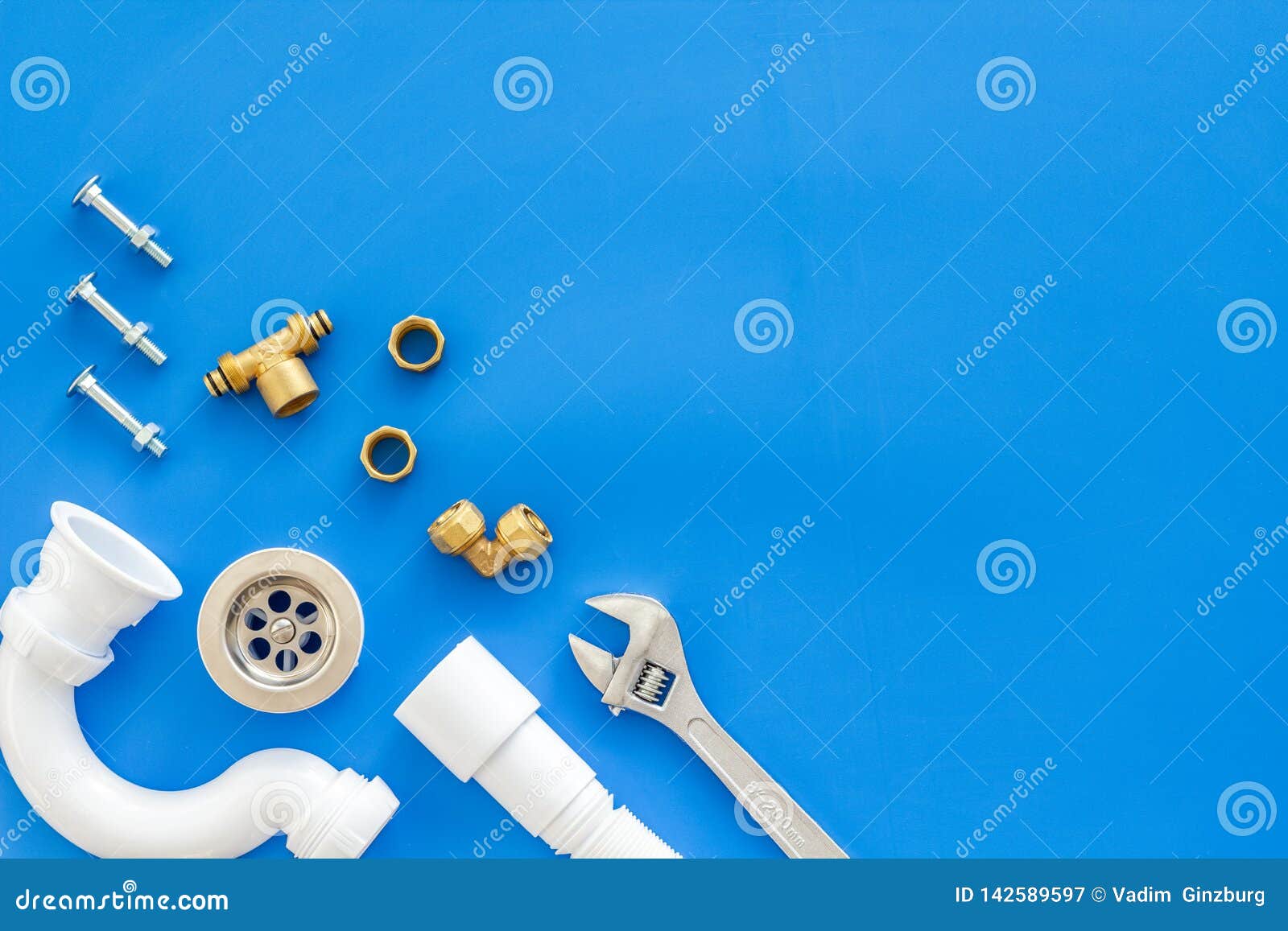 Plumber Work with Instruments, Tools and Gear on Blue Background Top ...