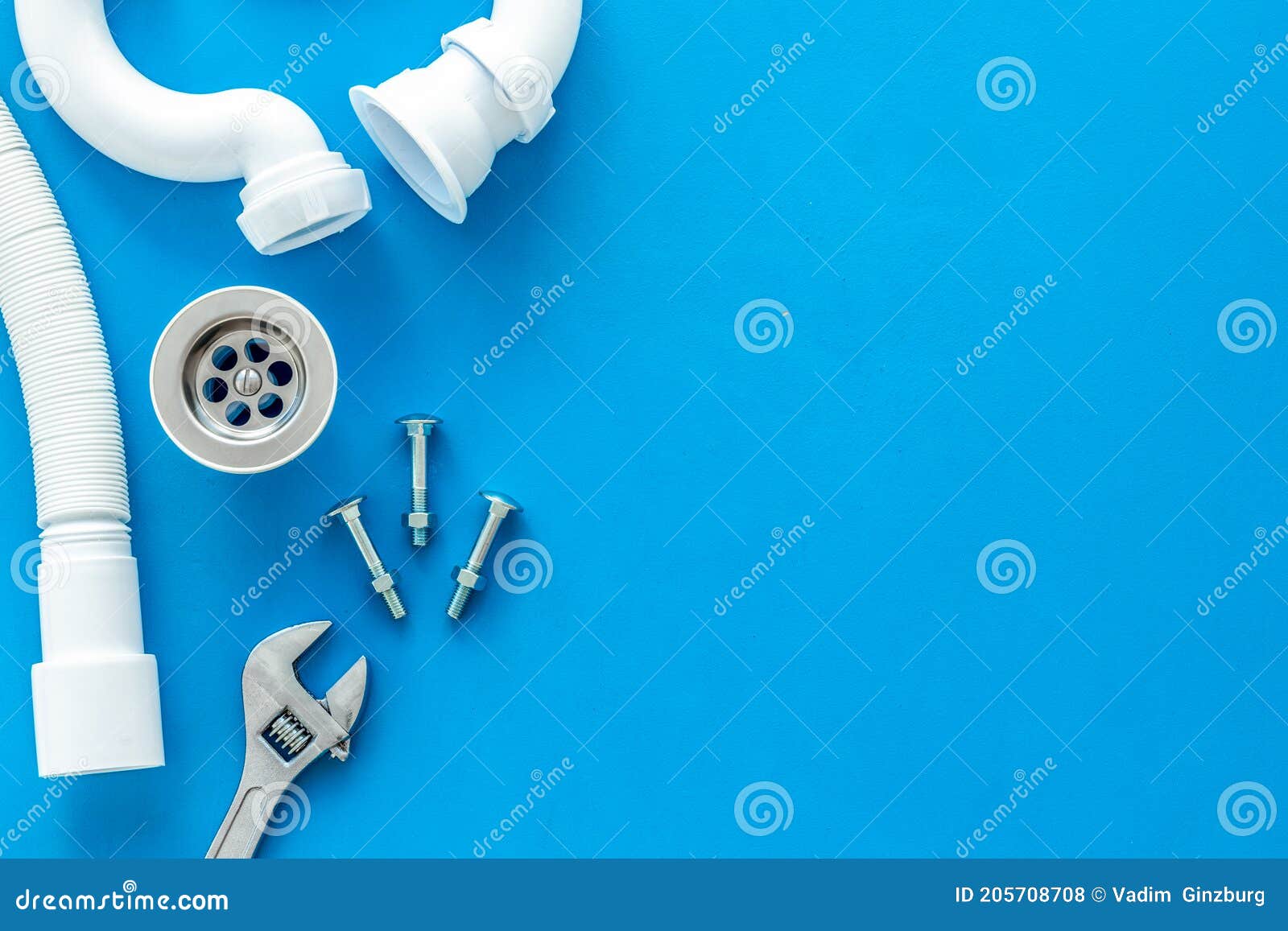 Plumber Work with Instruments, Tools and Gear on Blue Background Top ...