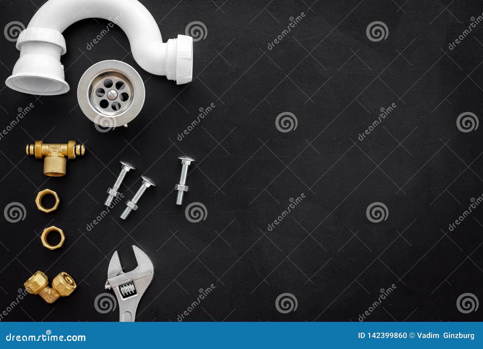Plumber Work with Instruments, Tools and Gear on Black Background Top ...