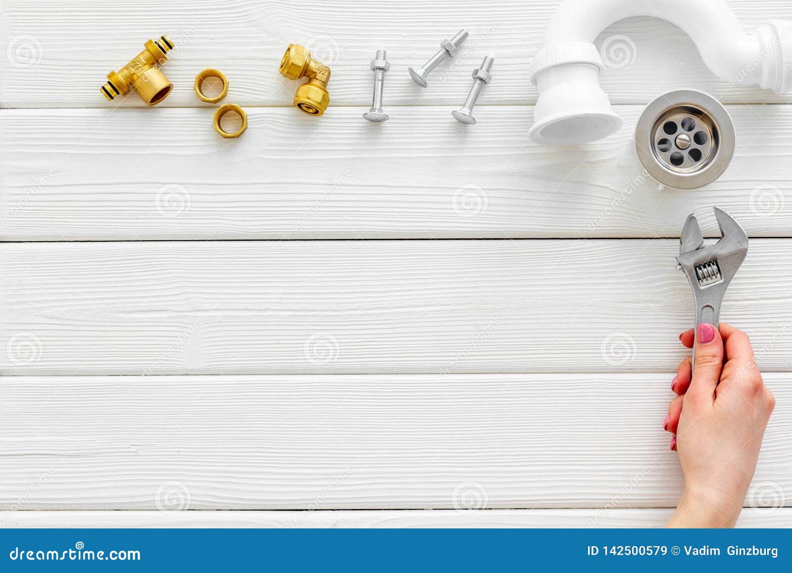 Plumber Work with Instruments, Tools and Gear on White Background Top ...