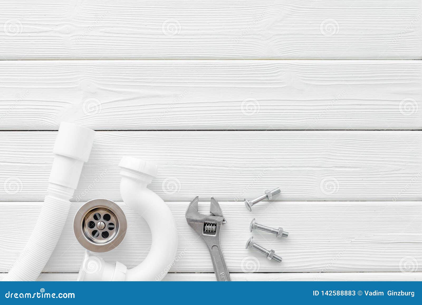Plumber Work with Instruments, Tools and Gear on White Background Top ...