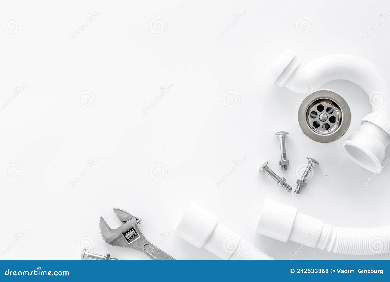 Plumber Work with Instruments, Tools and Gear on White Background Top ...