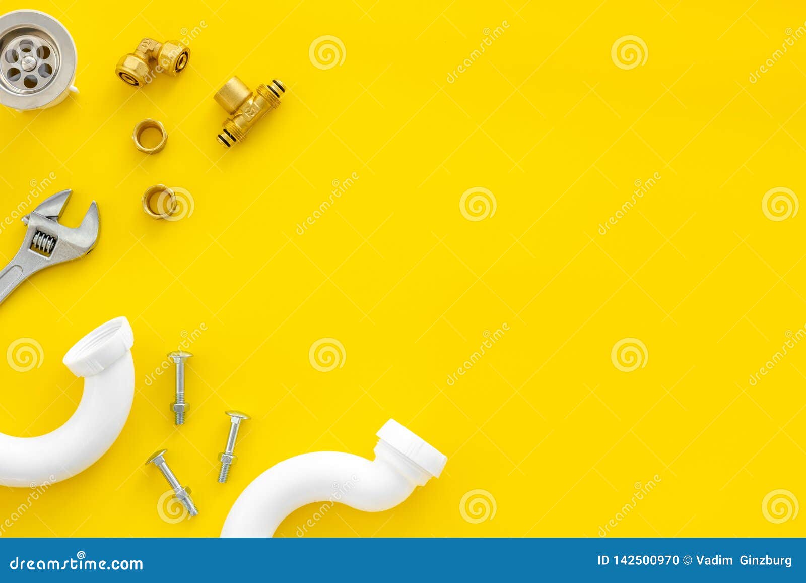 Plumber Work with Instruments, Tools and Gear on Yellow Background Top ...