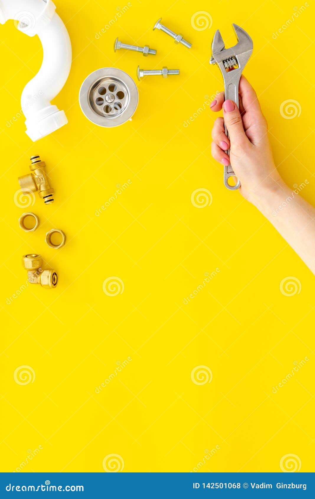 Plumber Work with Instruments, Tools and Gear on Yellow Background Top ...