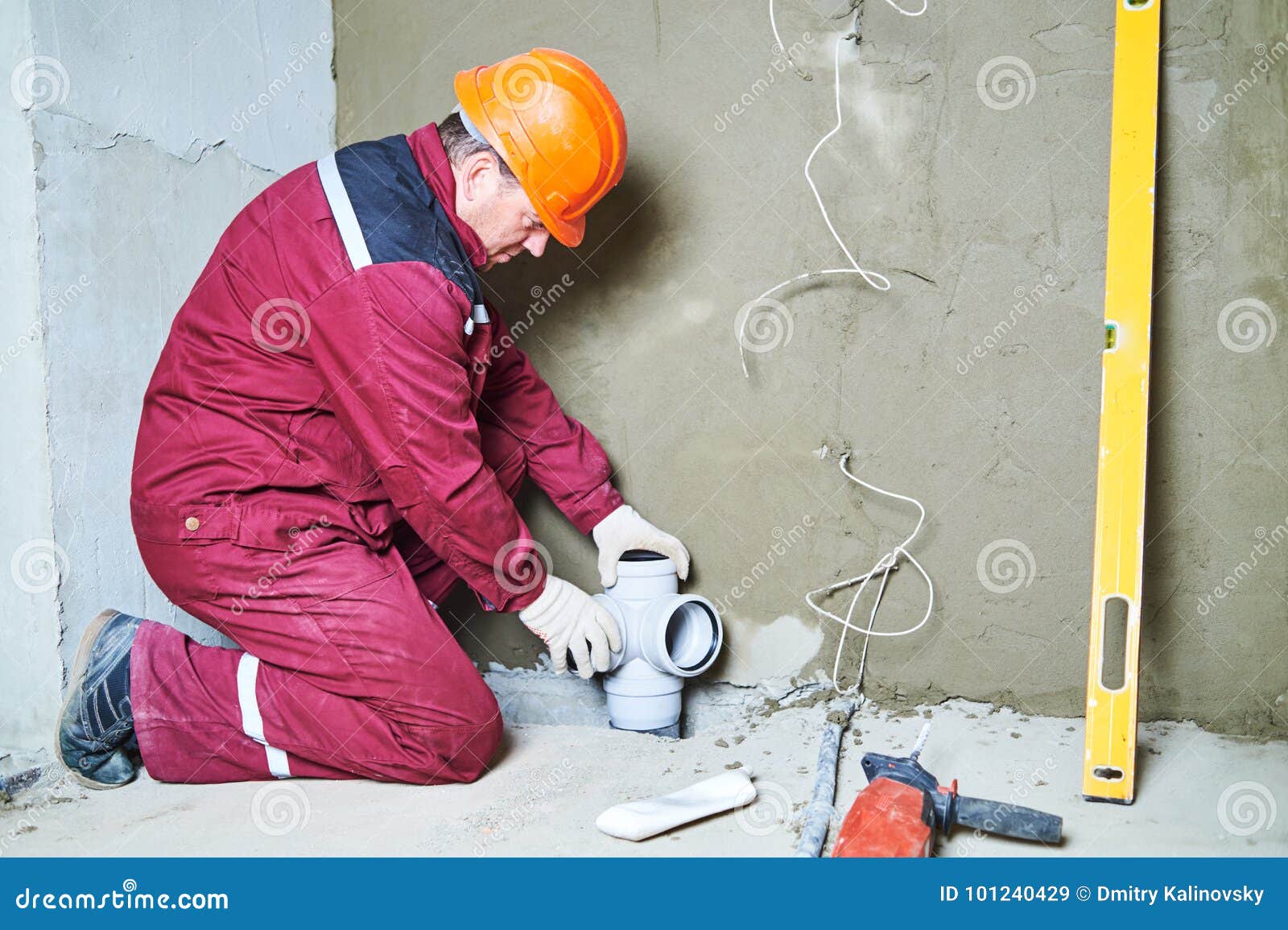 Plumber Worker Installing Sewage Pipes in Sewerage System Stock Image ...