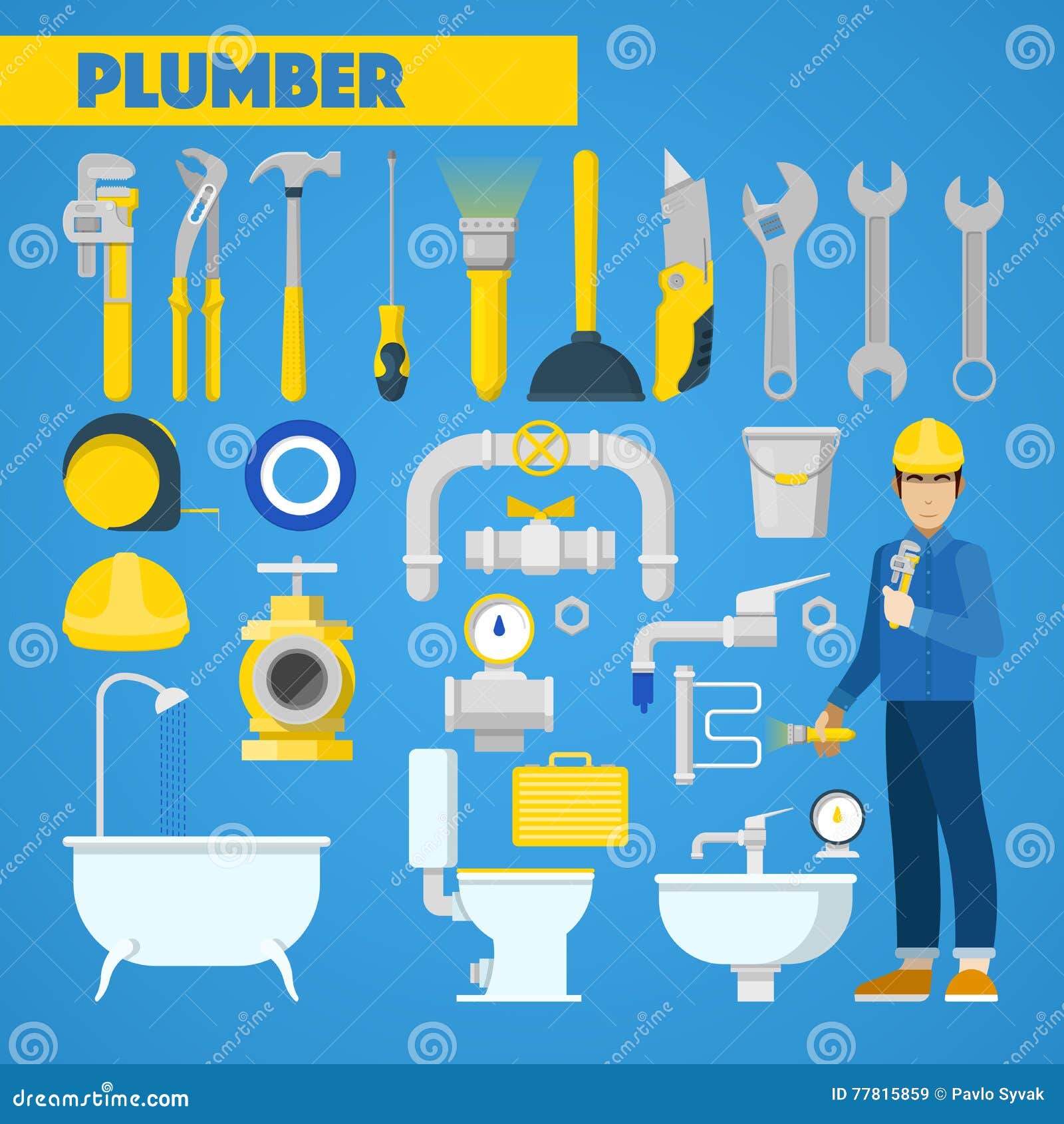 Plumber Worker with Tools Set and Bathroom Elements Stock Vector ...