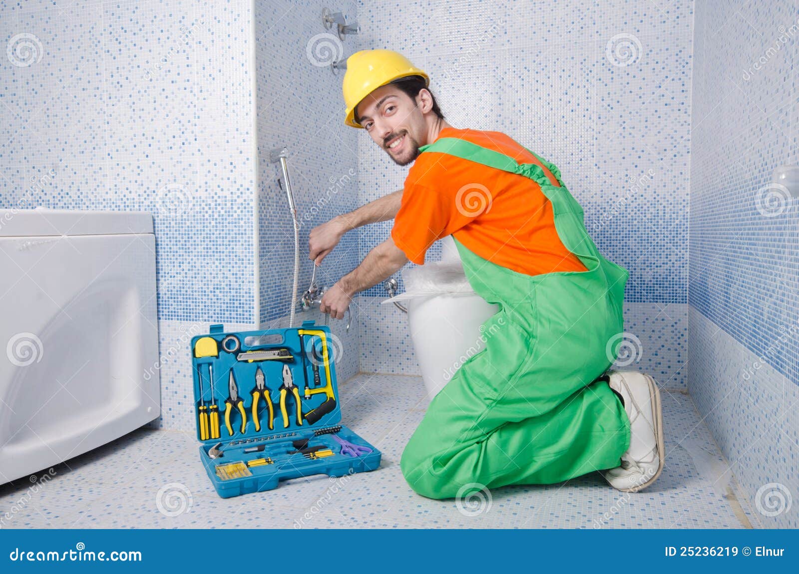 Plumber Working in Bathroom Stock Image - Image of occupation, mechanic ...
