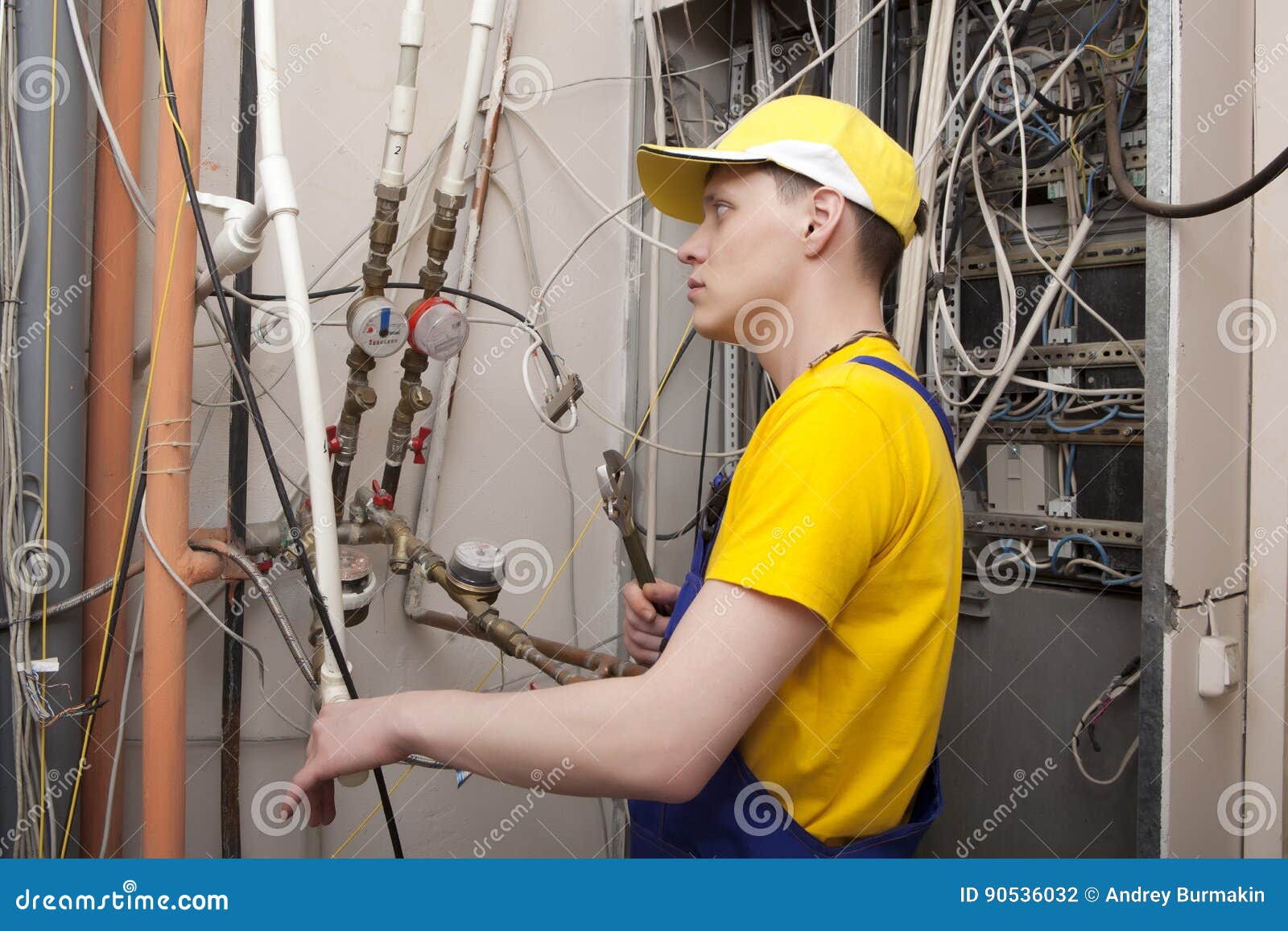 Plumber Working on Central Heating Boiler Stock Photo - Image of wrench ...