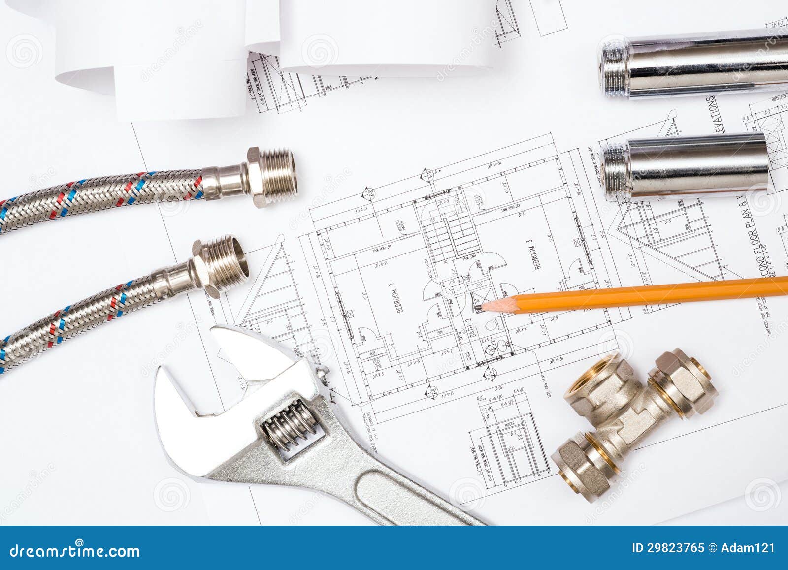 Plumbing and Drawings, Construction Still Life Stock Image - Image of ...