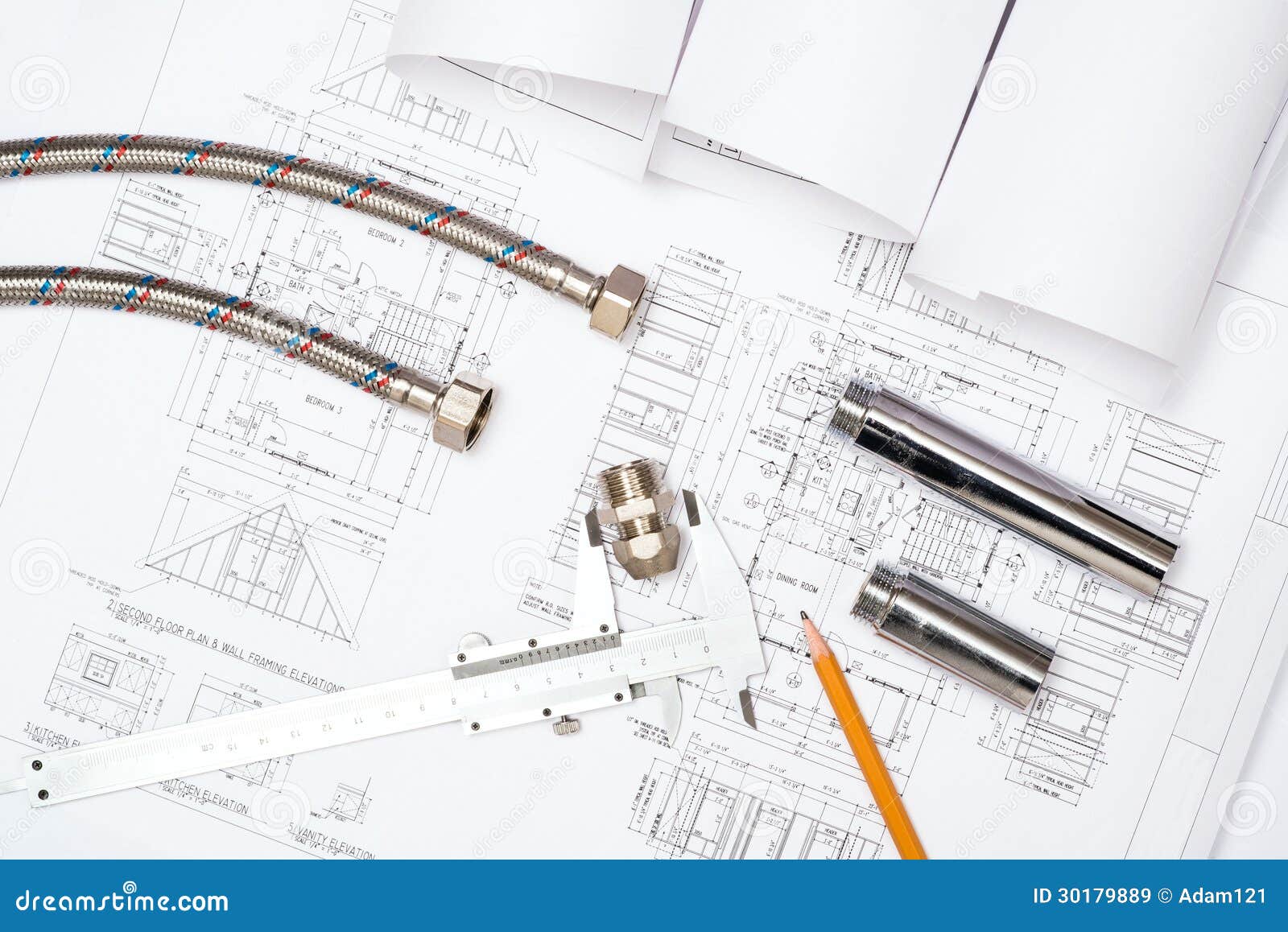 Plumbing and Drawings, Construction Still Life Stock Image - Image of ...
