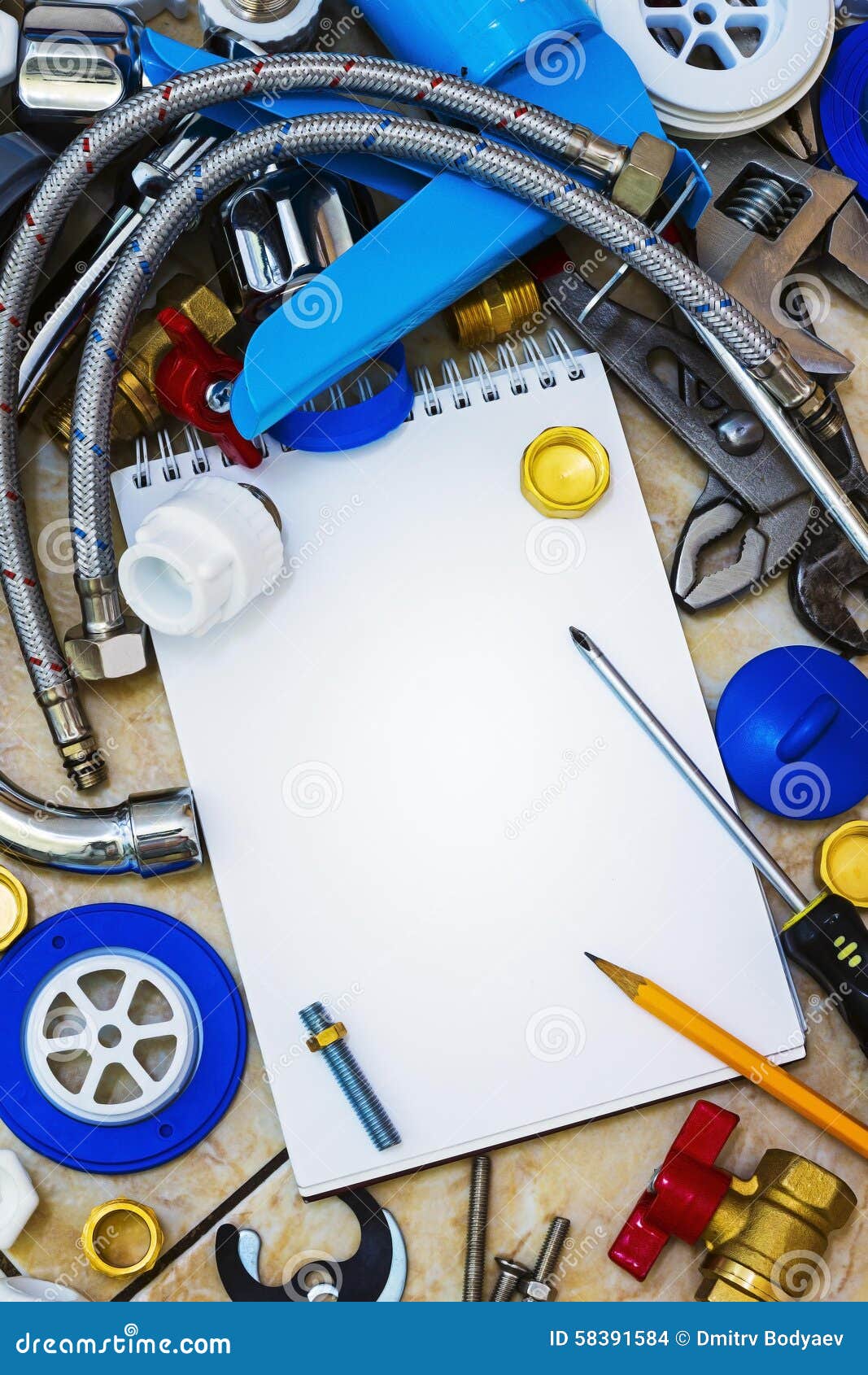 Plumbing Equipment and Notebook with Pencil Stock Photo - Image of ...