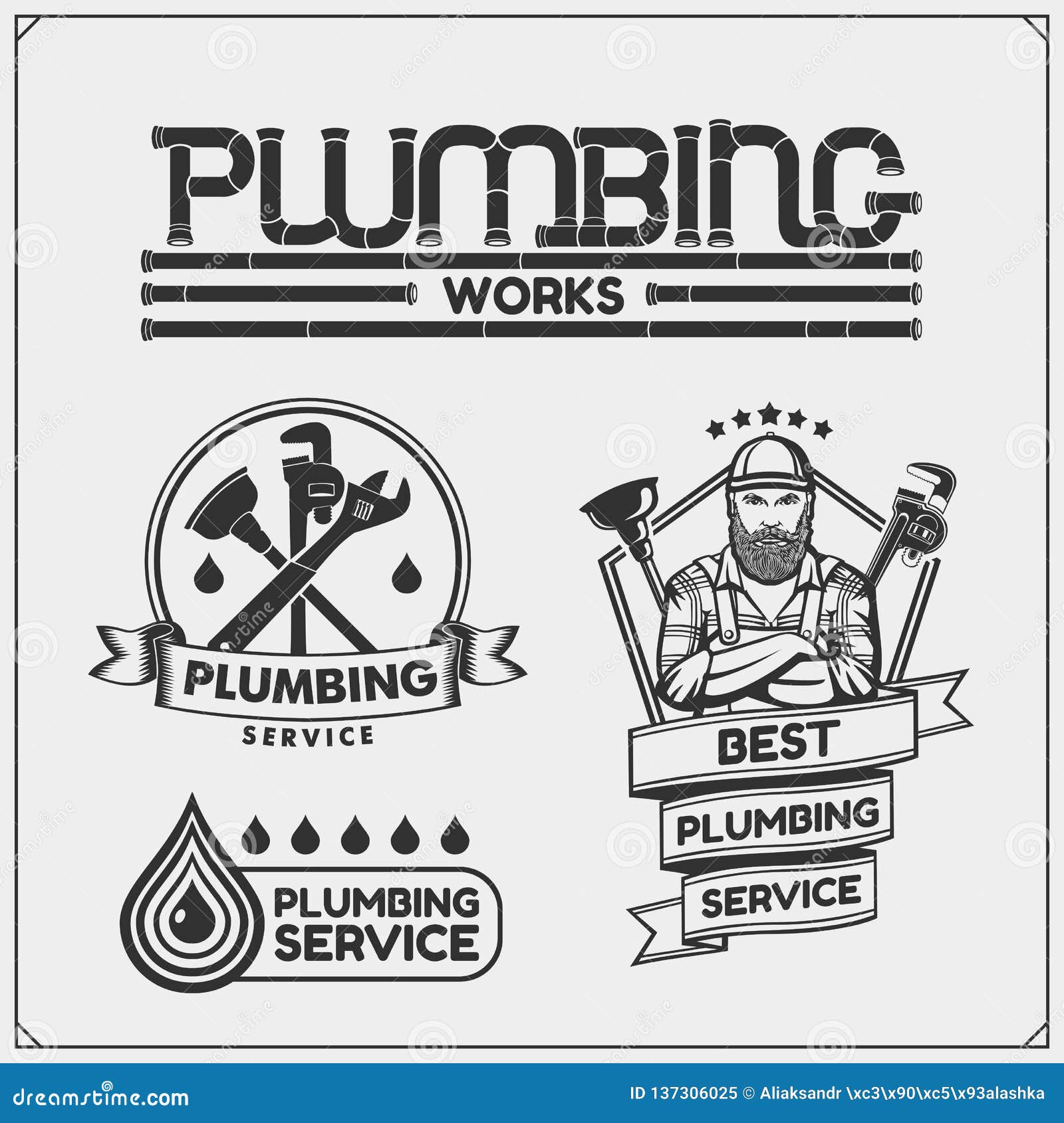 Plumbing and Home Renovation Services Emblems with Working Tools. Logos ...