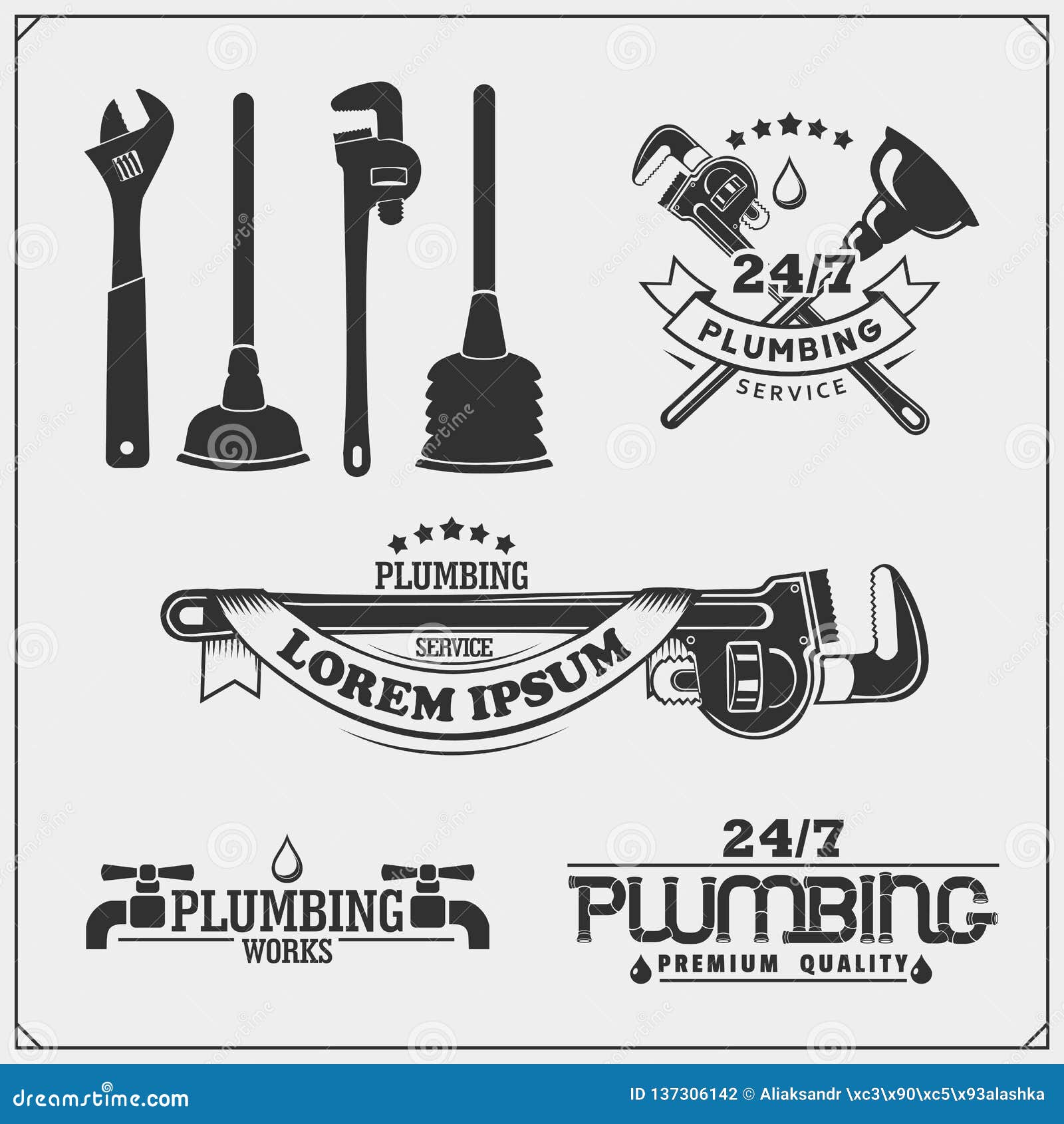 Plumbing and Home Renovation Services Emblems with Working Tools. Logos ...