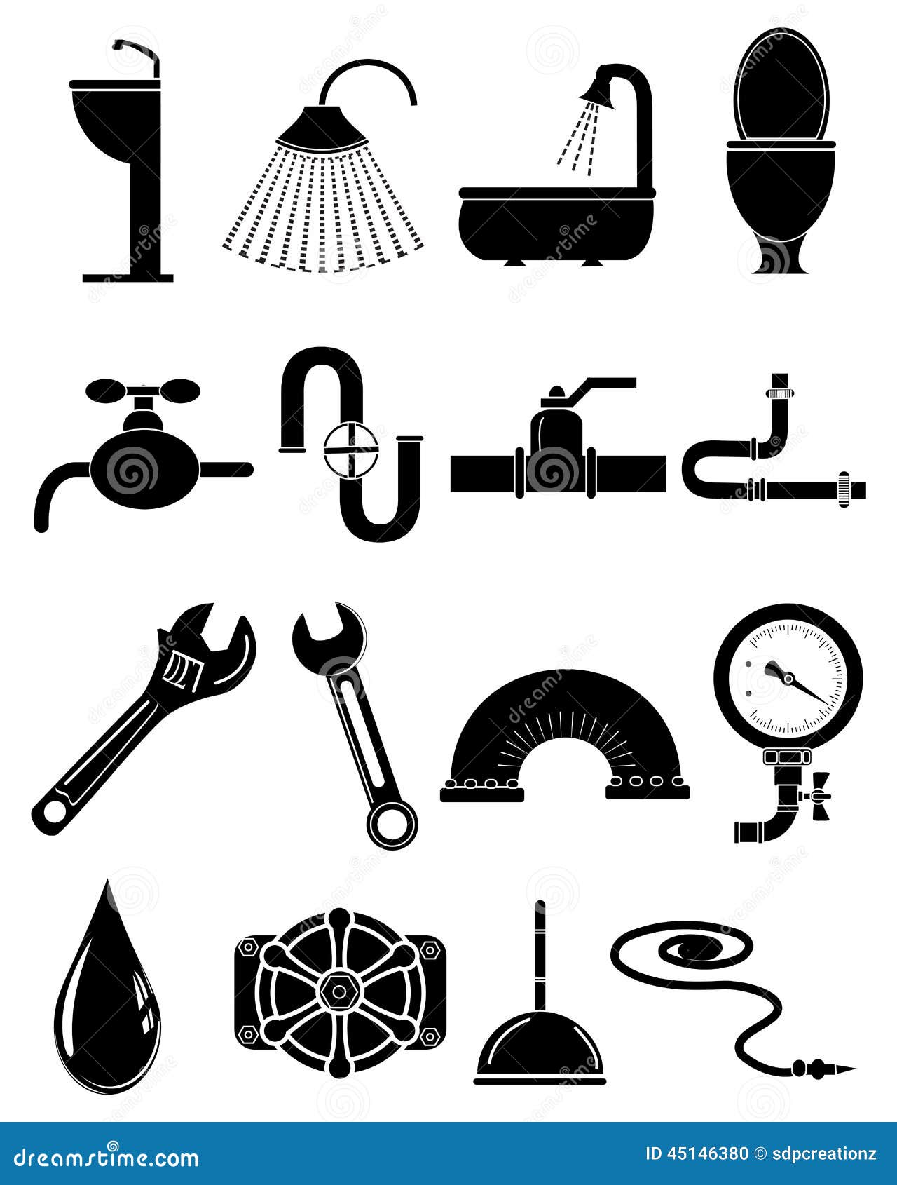 Set Of Plumbing Icons. Plumber Faucet Water Piping Bathtub, Valve Tap ...
