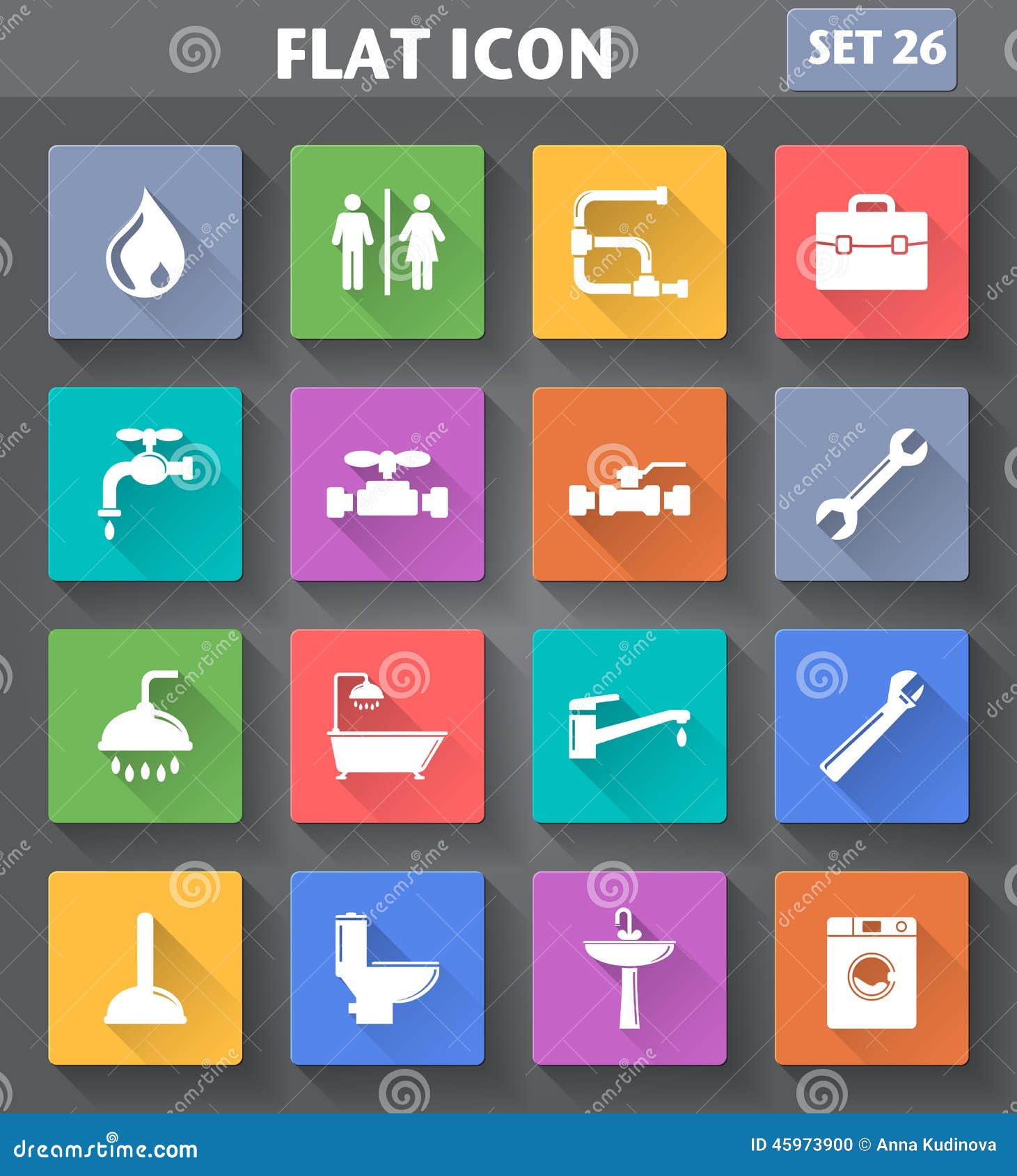 Plumbing Icons Set in Flat Style with Long Shadows. Stock Vector ...