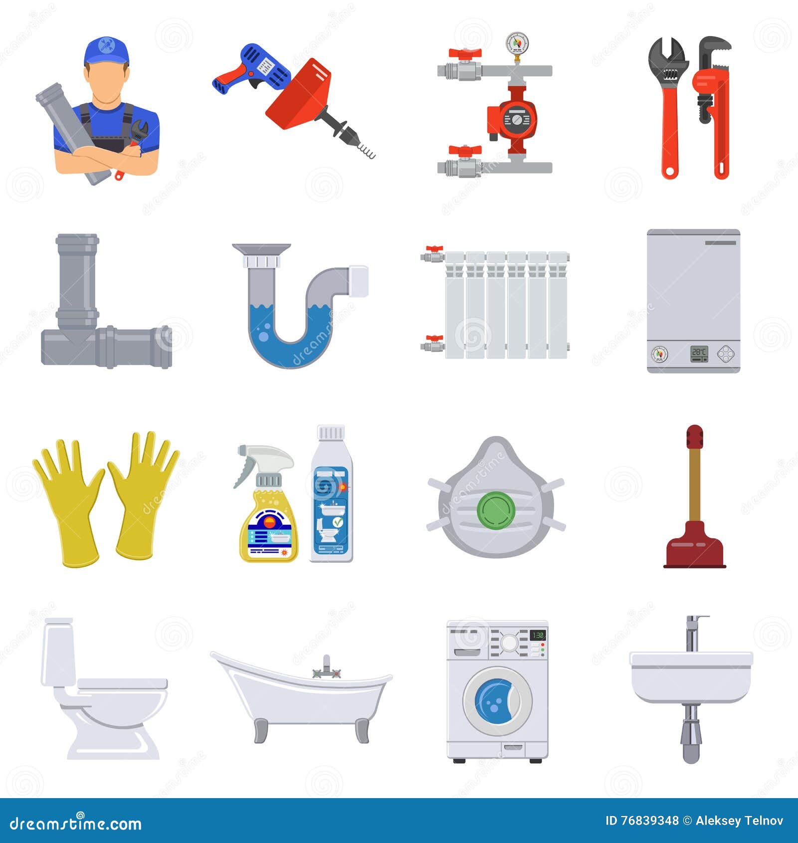 Plumbing Service Flat Icons Set Stock Vector - Illustration of bath ...