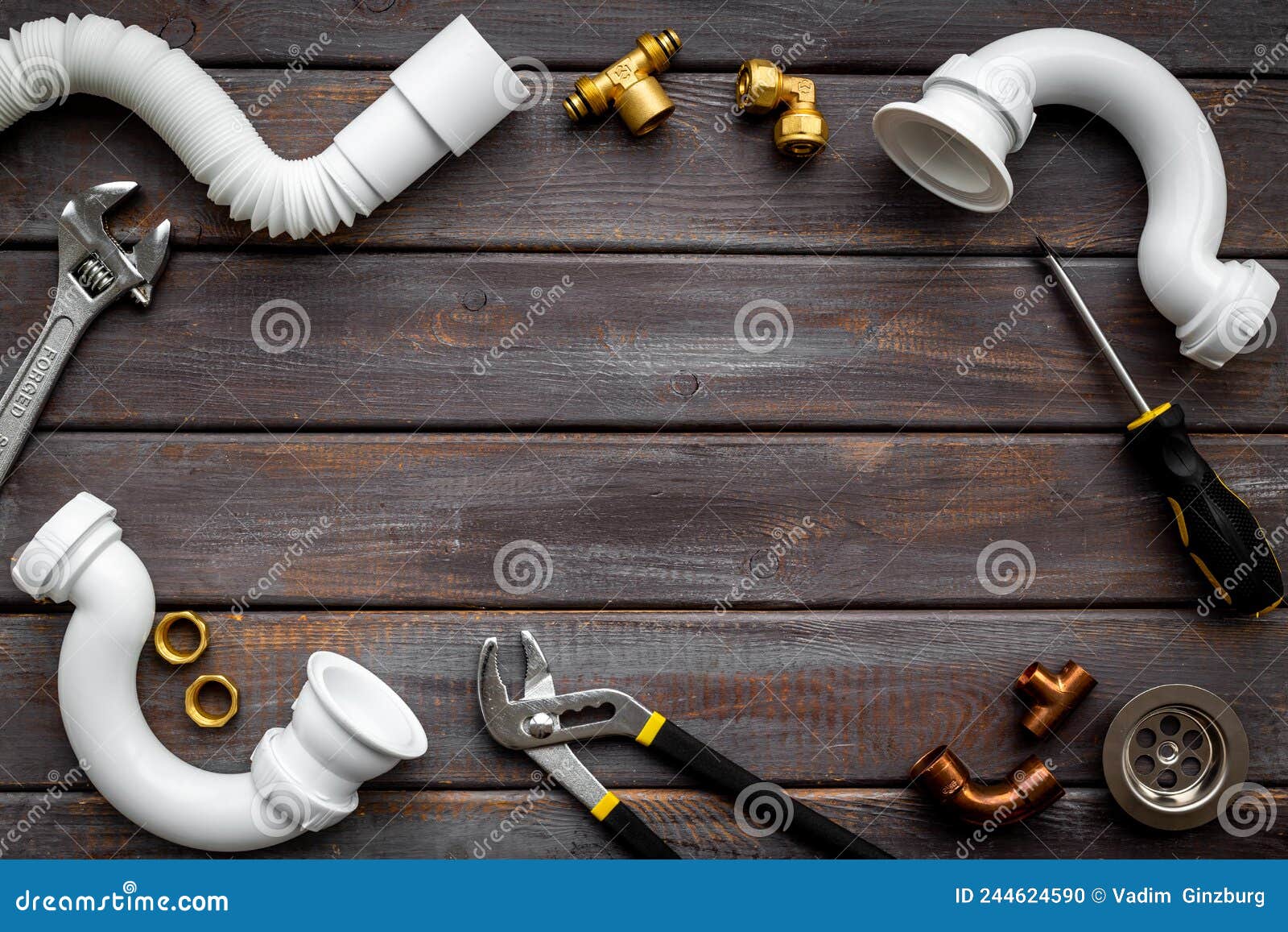 Plumbing Work Background Frame. Plumbing Pipes and Tools Stock Photo ...