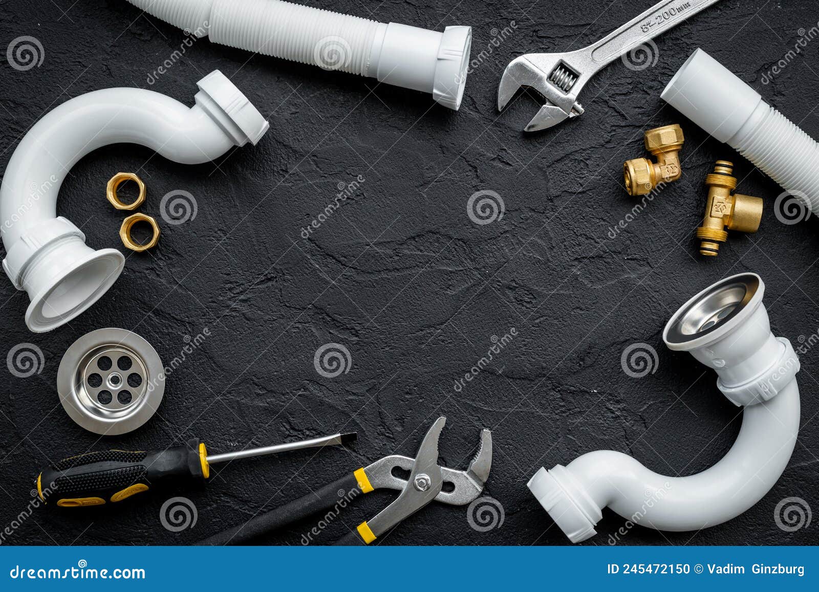Plumbing Work Background Frame. Plumbing Pipes and Tools Stock Photo ...