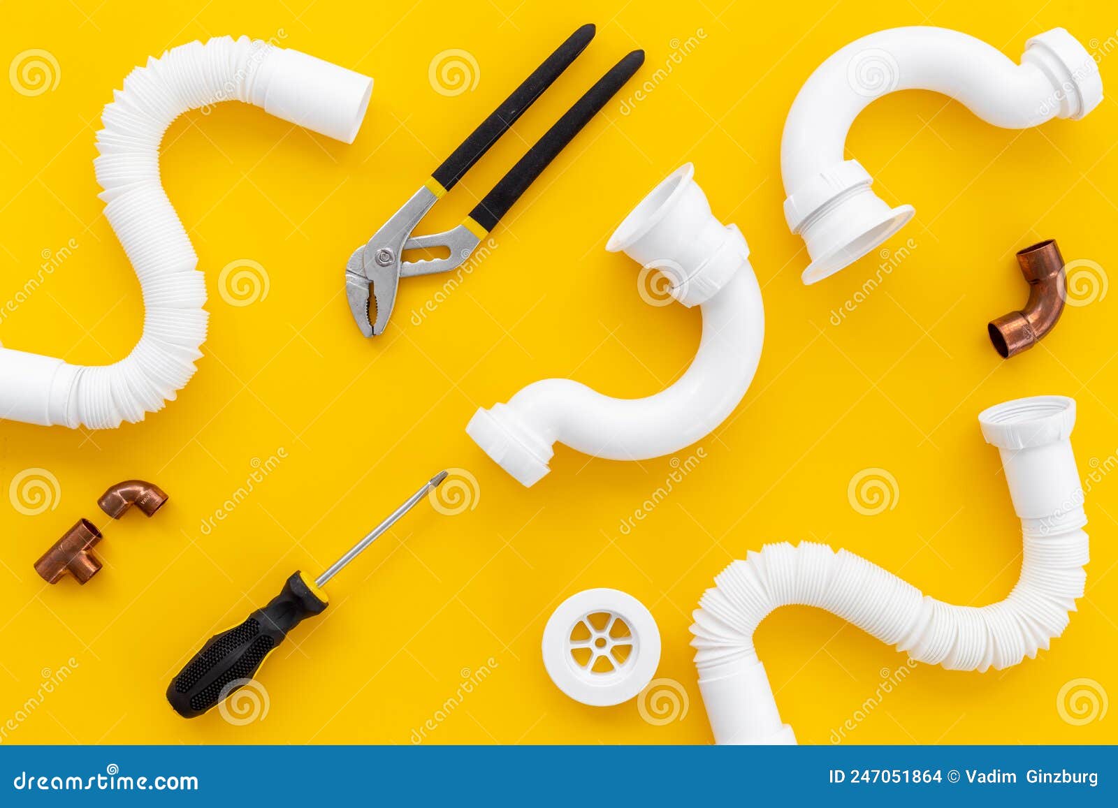 Plumbing Work Concept with Pipes and Tools, Top View Stock Photo ...