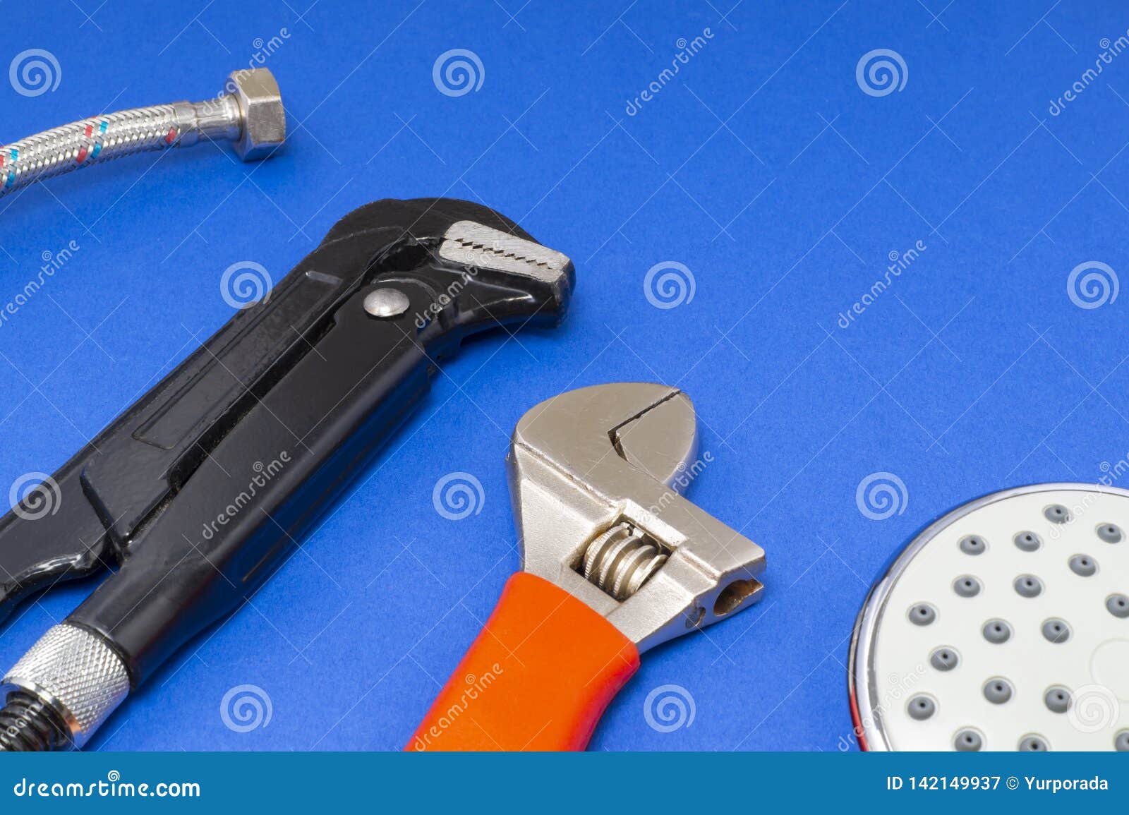 Plumbing Work Tools on a Blue Background Stock Image - Image of ...