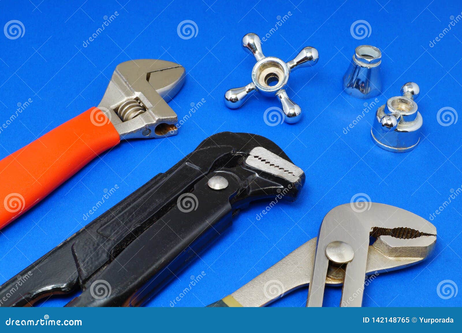 Plumbing Work Tools on a Blue Background Stock Image - Image of ...