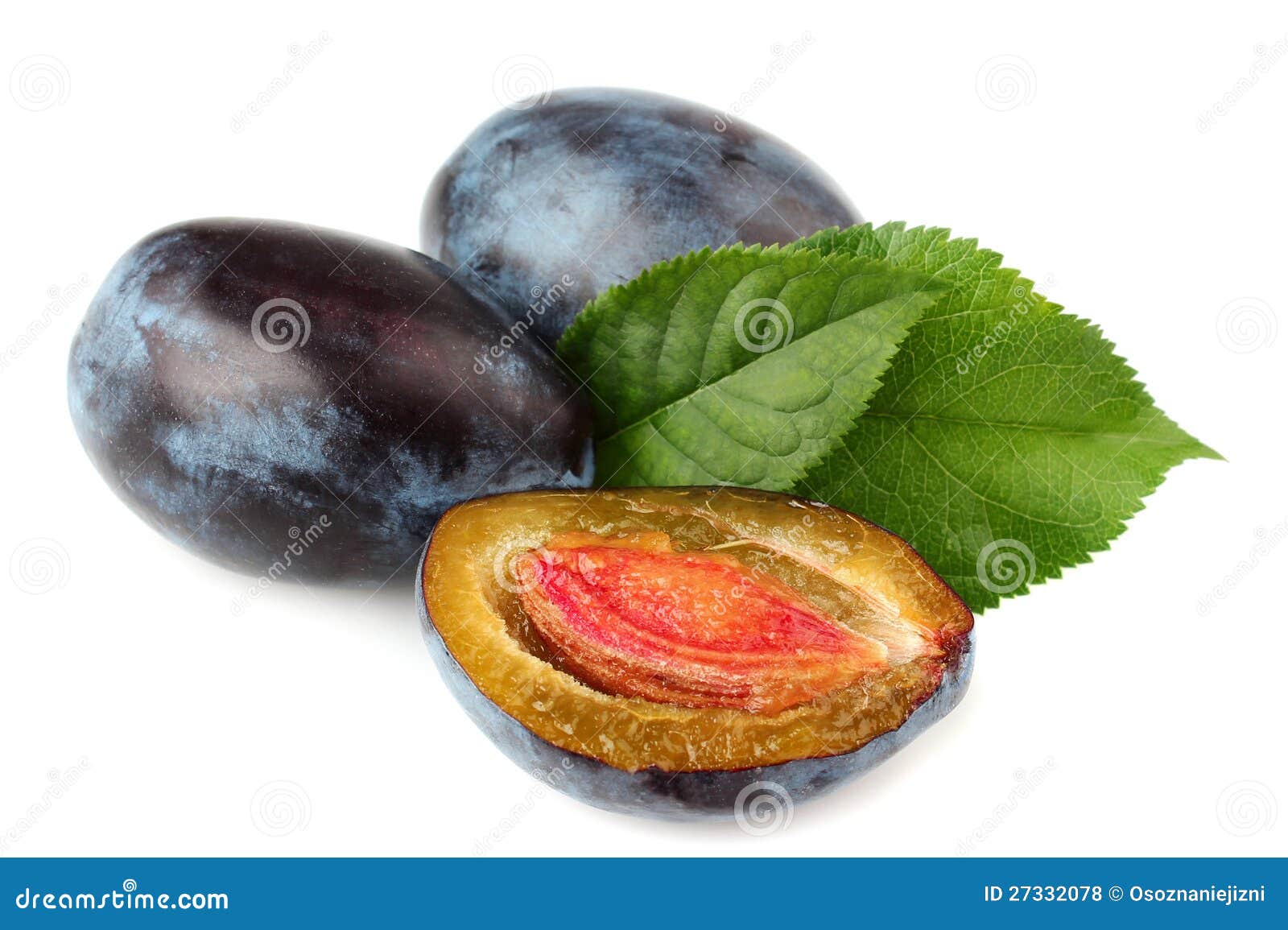 Plums Isolated with the Kernel and Leaves Stock Photo - Image of green ...