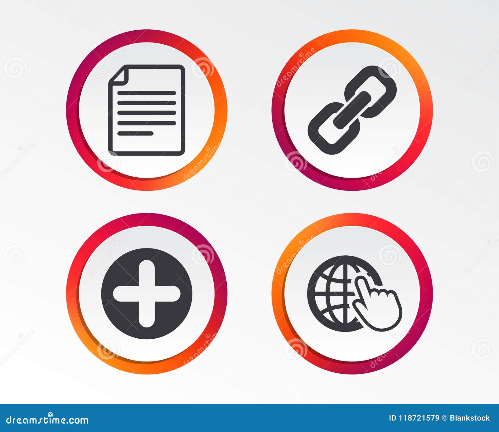 Plus Circle and Hyperlink Signs. File, Globe. Stock Vector ...