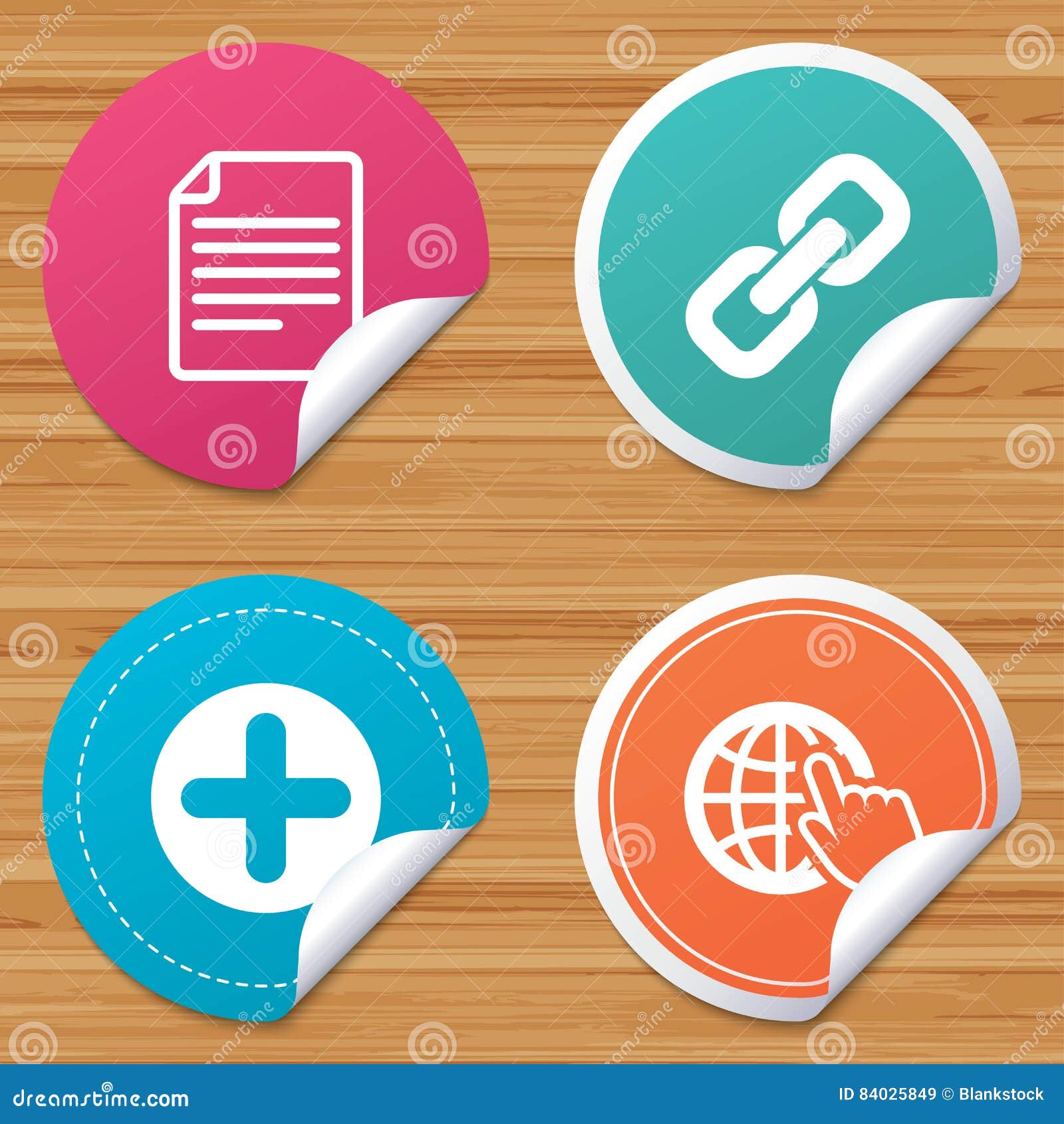 Plus Circle and Hyperlink Signs. File, Globe. Stock Vector ...