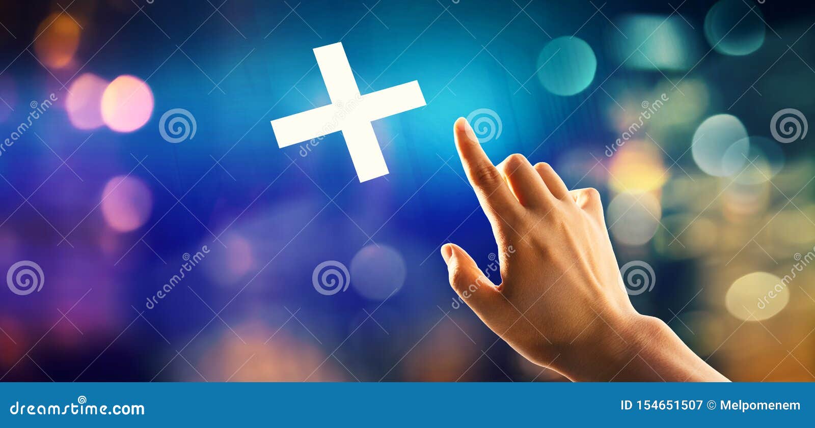 Plus Sign with Hand Pressing a Button Stock Image - Image of blue ...