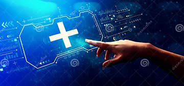 Plus Sign with Hand Pressing a Button Stock Image - Image of dark ...