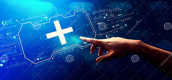 Plus Sign with Hand Pressing a Button Stock Image - Image of dark ...