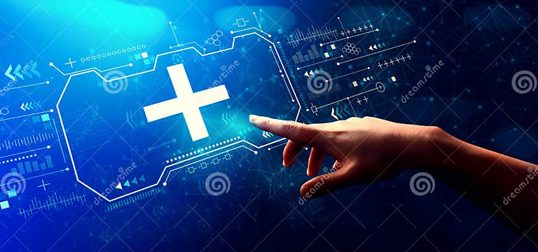 Plus Sign with Hand Pressing a Button Stock Image - Image of dark ...