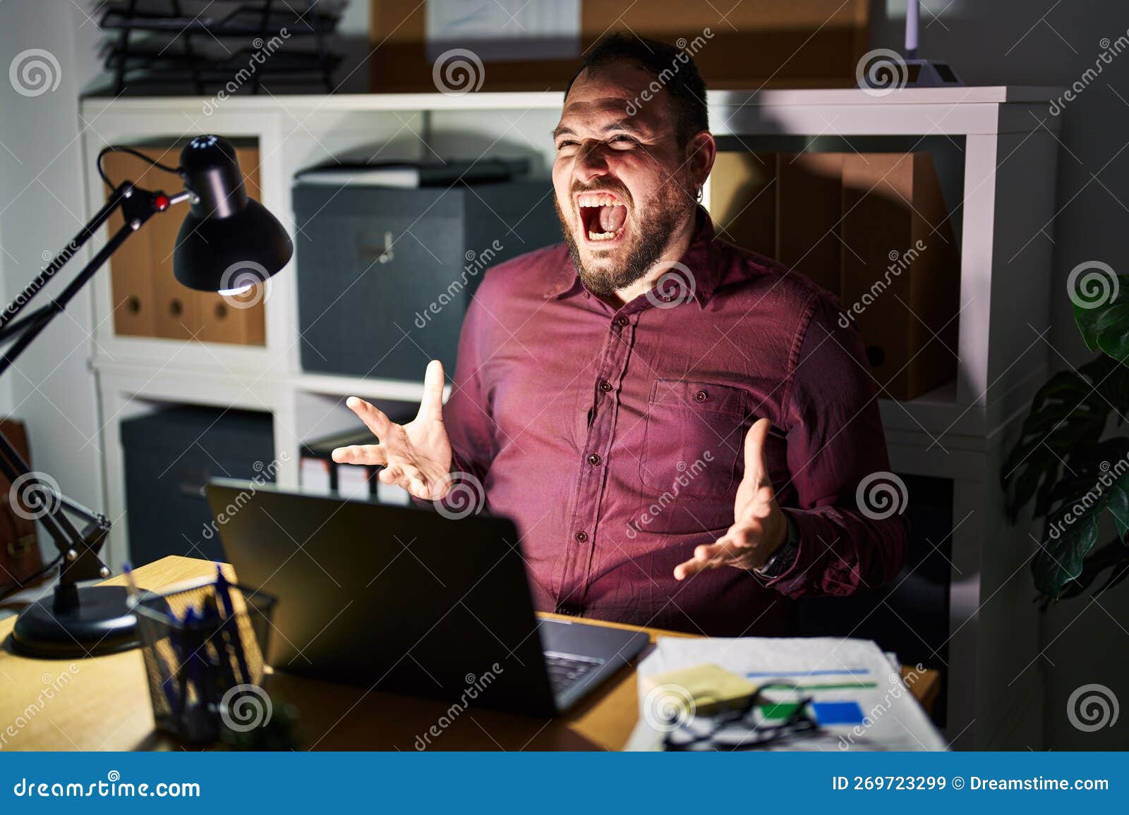 Plus Size Hispanic Man with Beard Working at the Office at Night Crazy ...