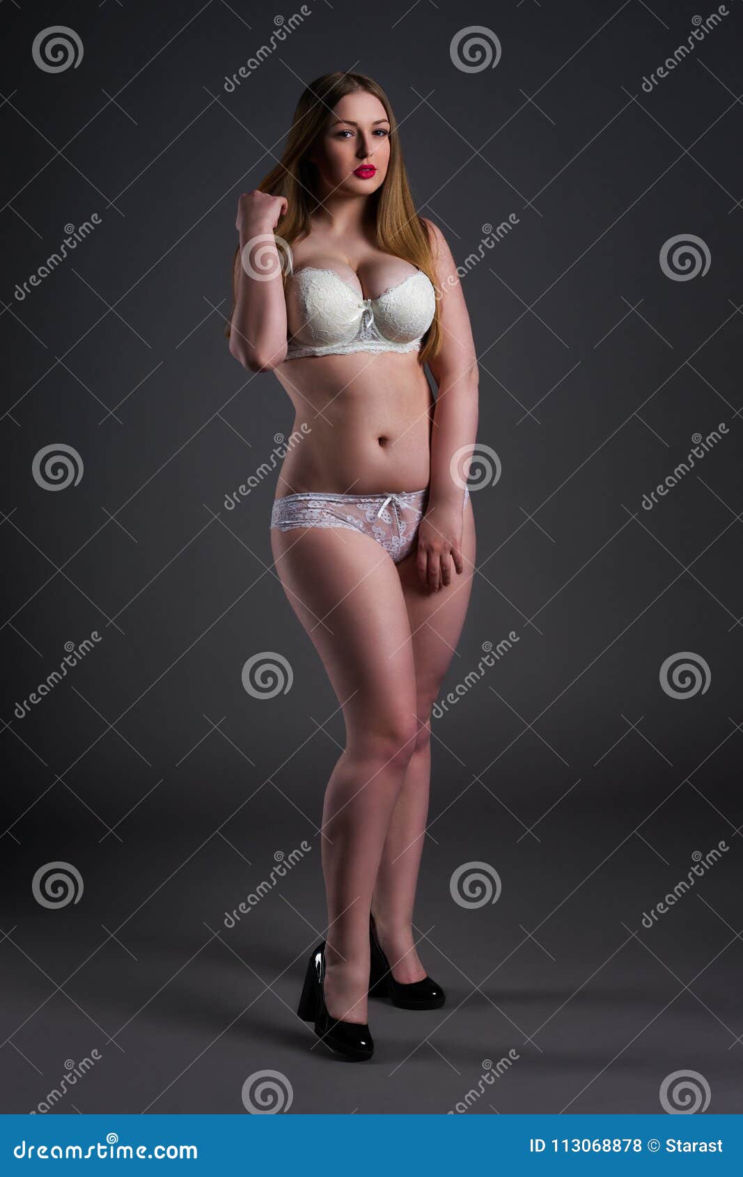 Plus Size Model In White Underwear Fat Woman On Gray Background