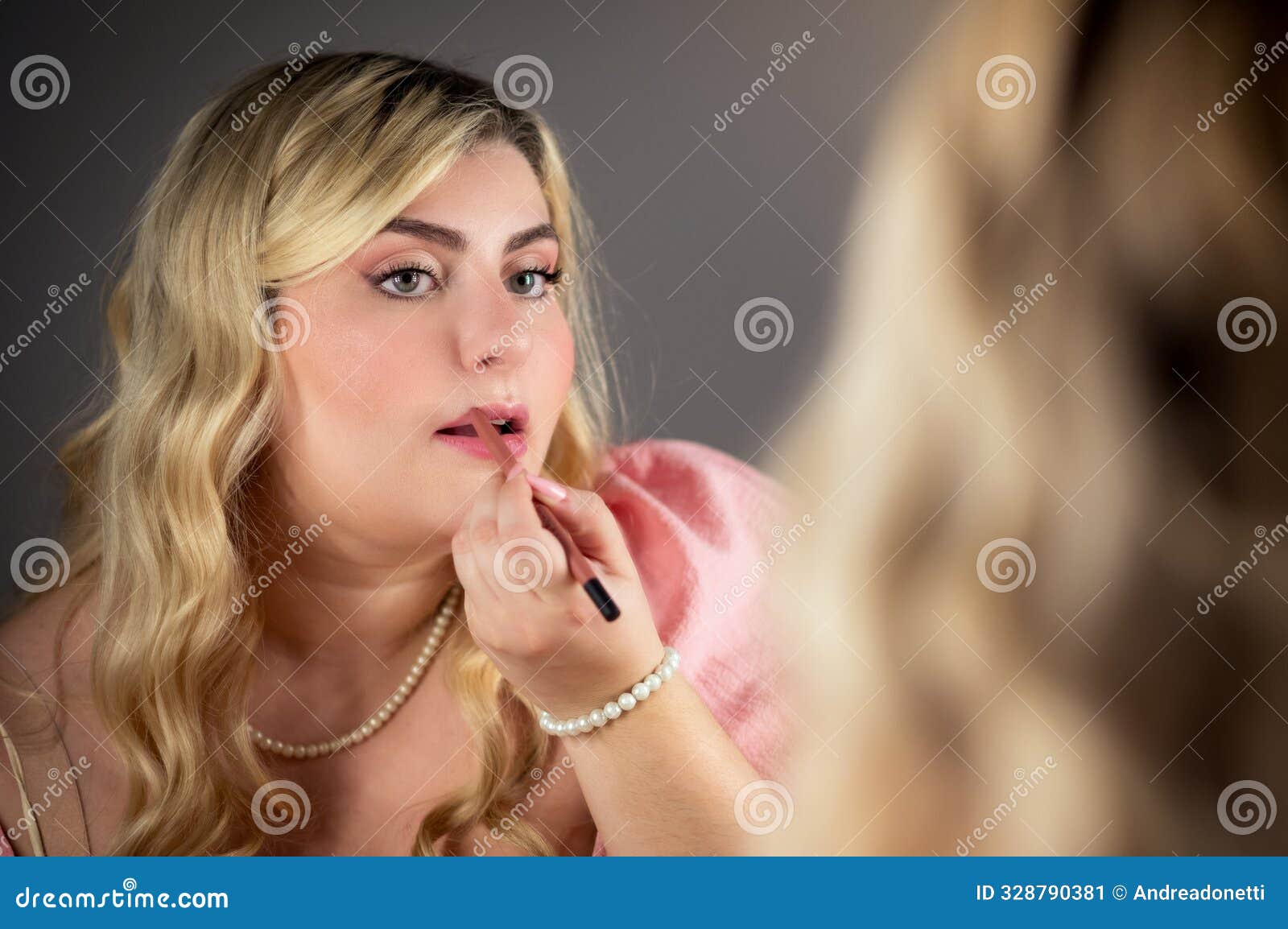 Plus Size Woman Applying Makeup Using Lip Pencil Stock Image - Image of ...