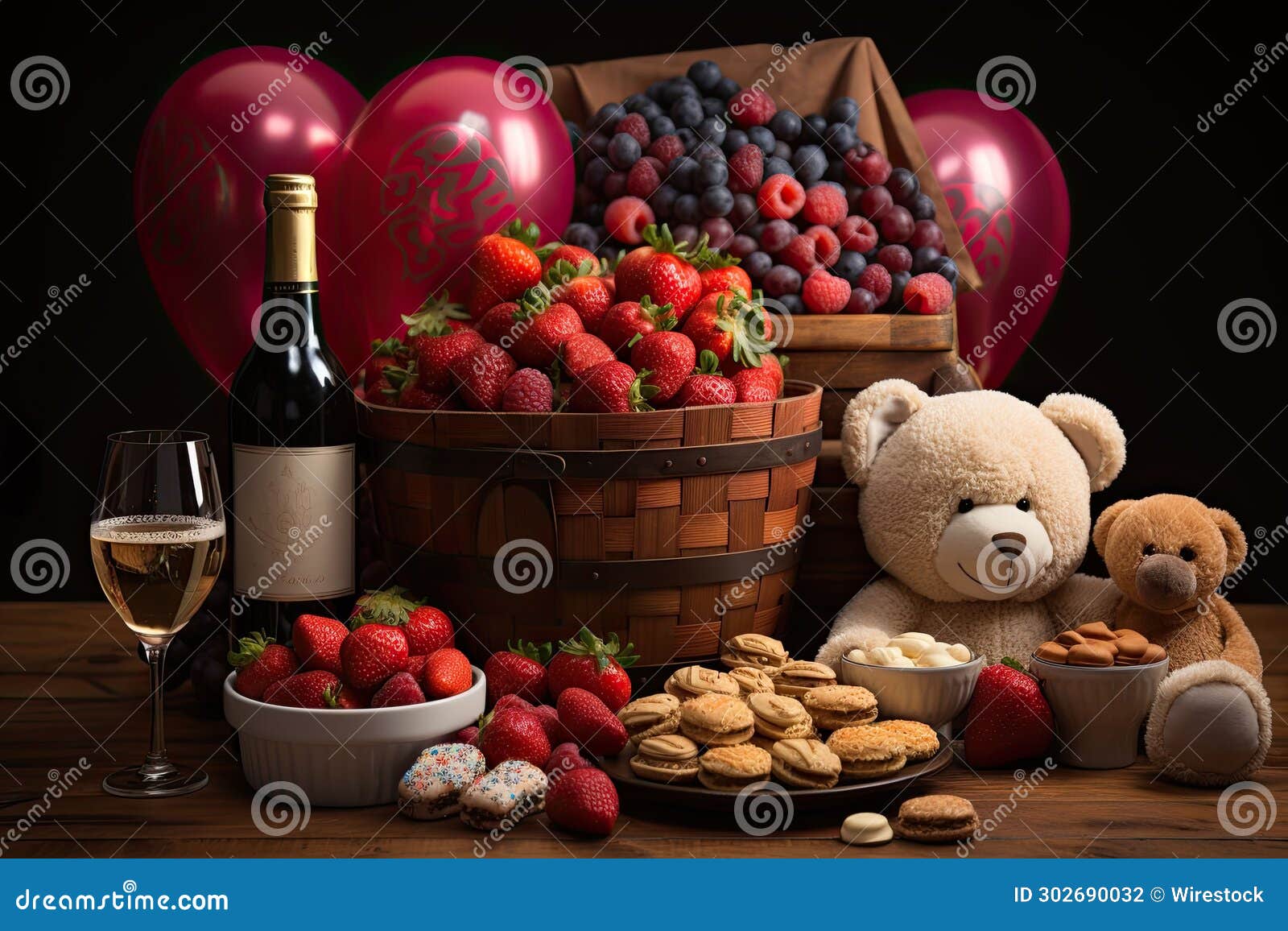 Plush Teddy Bear beside Fruit Bowls and a Bottle of Wine, AI-generated ...