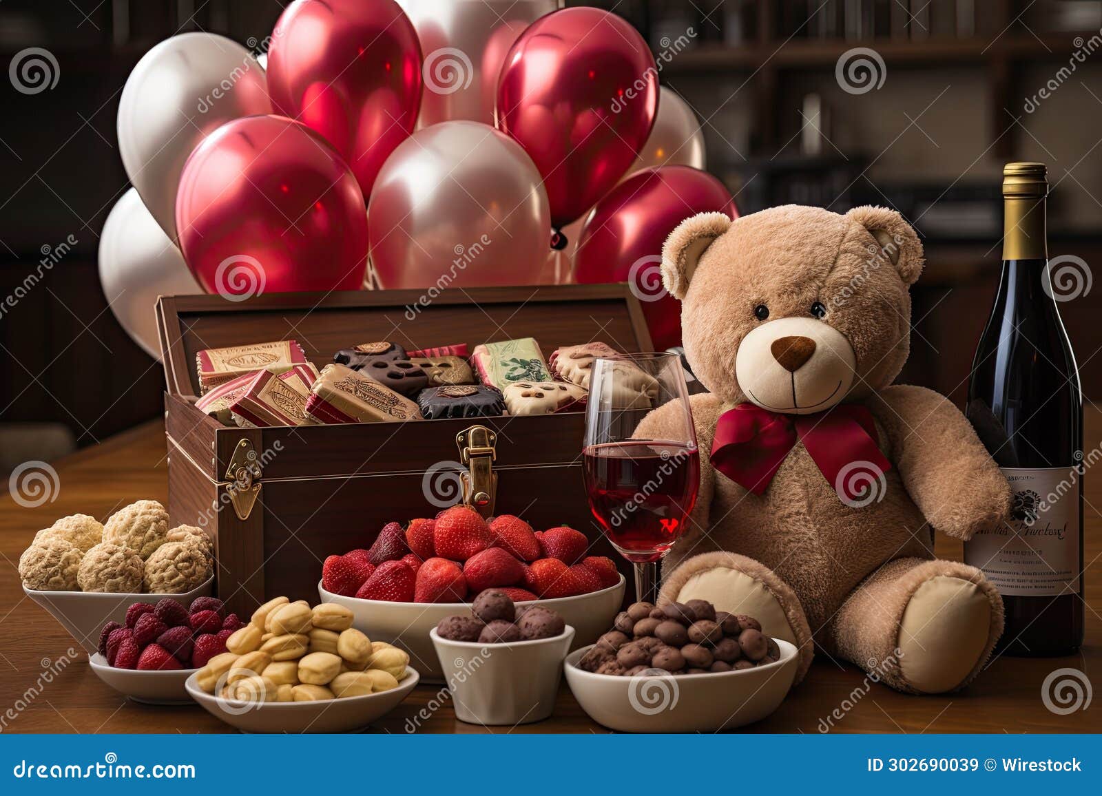 Plush Teddy Bear beside Fruit Bowls and a Bottle of Wine, AI-generated ...