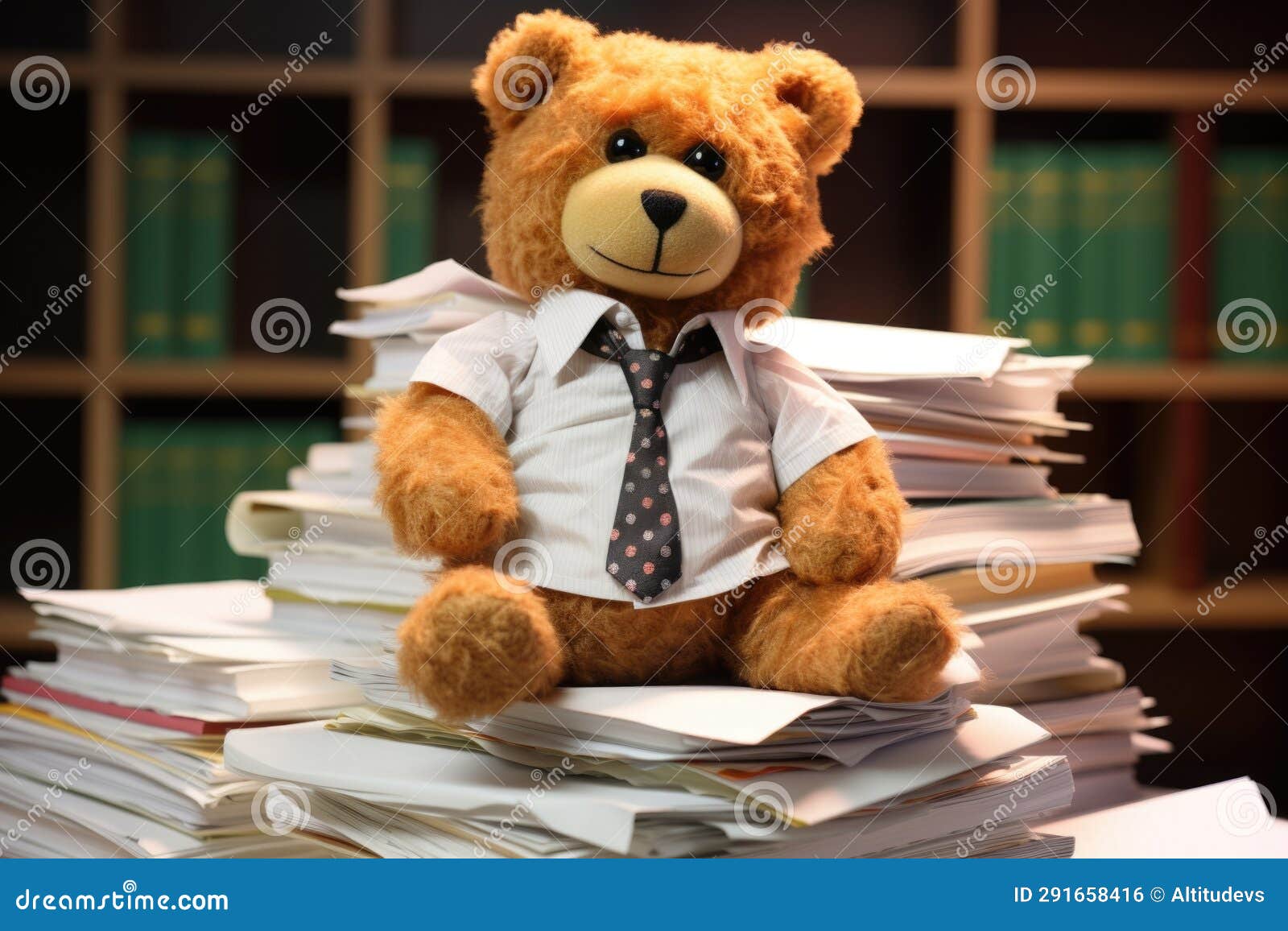 A Plush Teddy Bear Sitting on a Stack of Work Papers Stock Illustration ...
