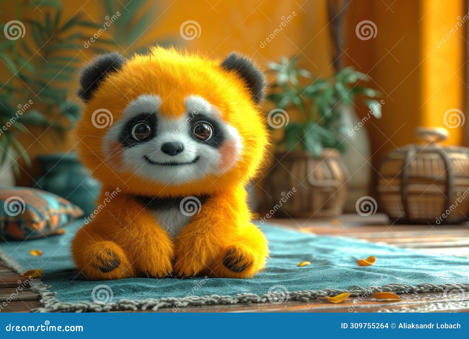 A Plush Yellow Panda Bear is Sitting on the Floor at Home Stock Photo ...