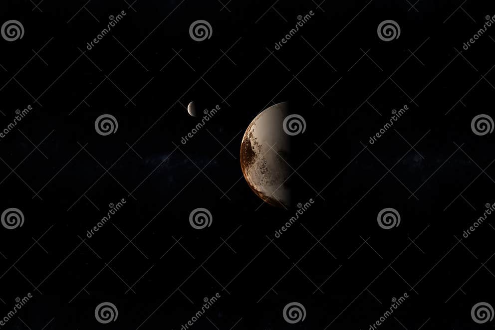 Pluto Planet and Charon Moon in the Outer Space. 3d Render Stock ...