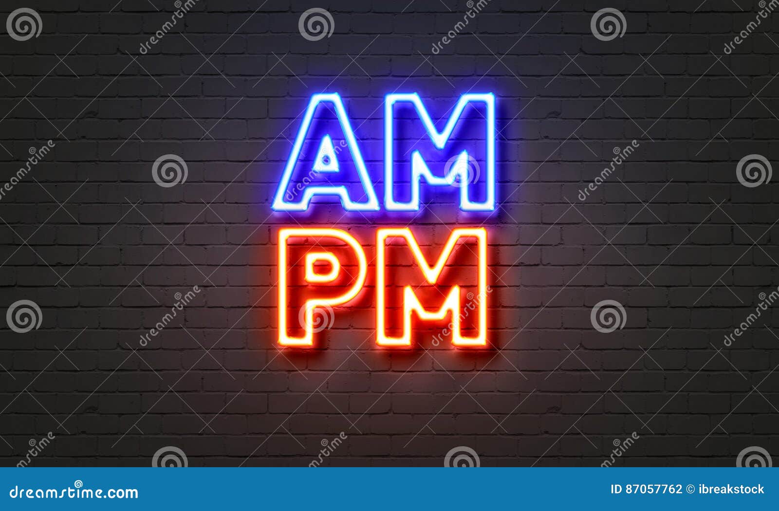Am/PM Neon Sign on Brick Wall Background. Stock Photo - Image of word ...