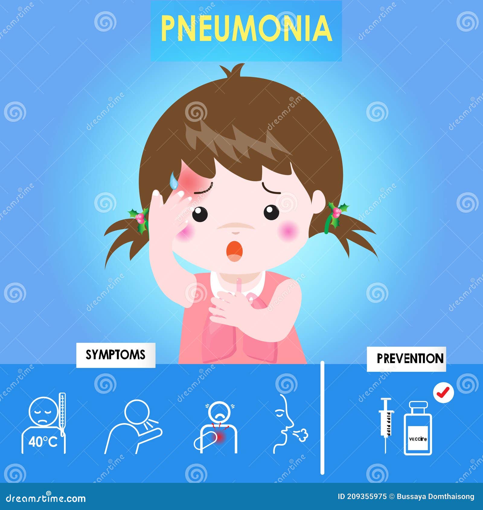Infographics of Pneumonia. Kid Girl Pneumonia with Cough and Red Skin ...