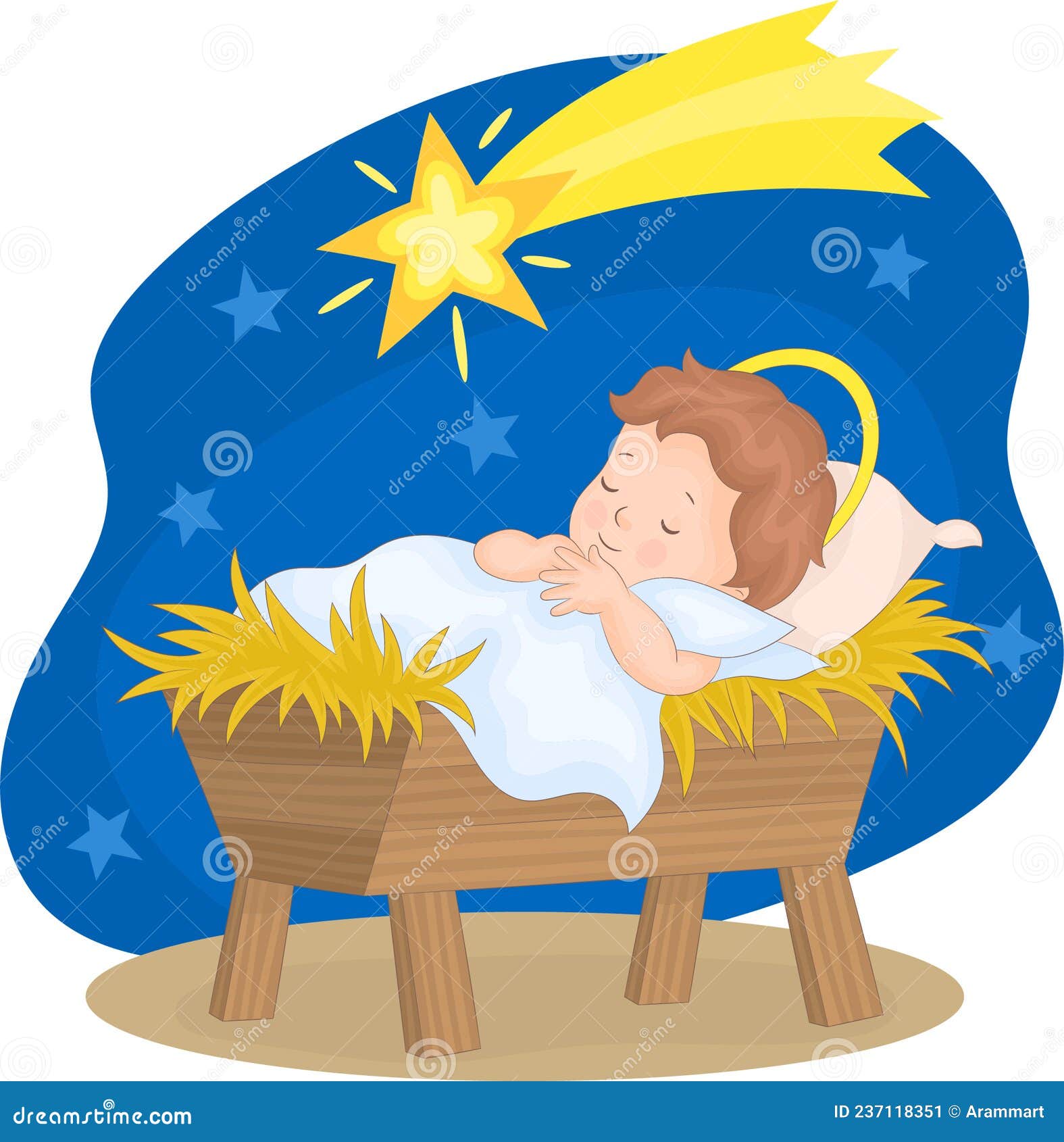 Little Baby Jesus Sleeping on the Manger, Christmas Night Scene. Stock ...