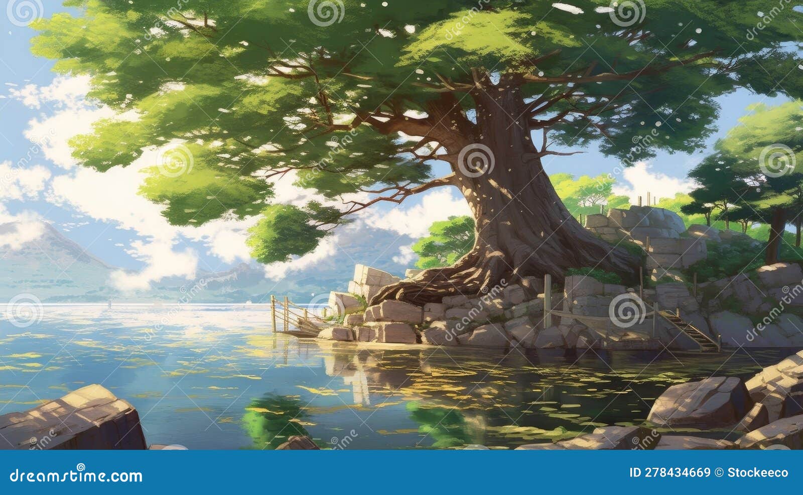 Professional Cartoon Style Sunset With Canopy Tree Royalty-Free Stock ...